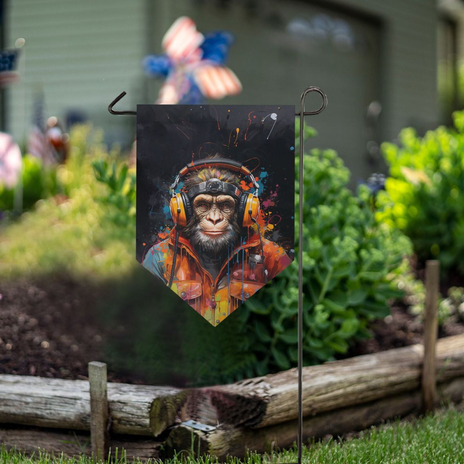 Monkey Earphone Coat Garden Flag 18" x 12.5" Double Sided Yard Lawn ...