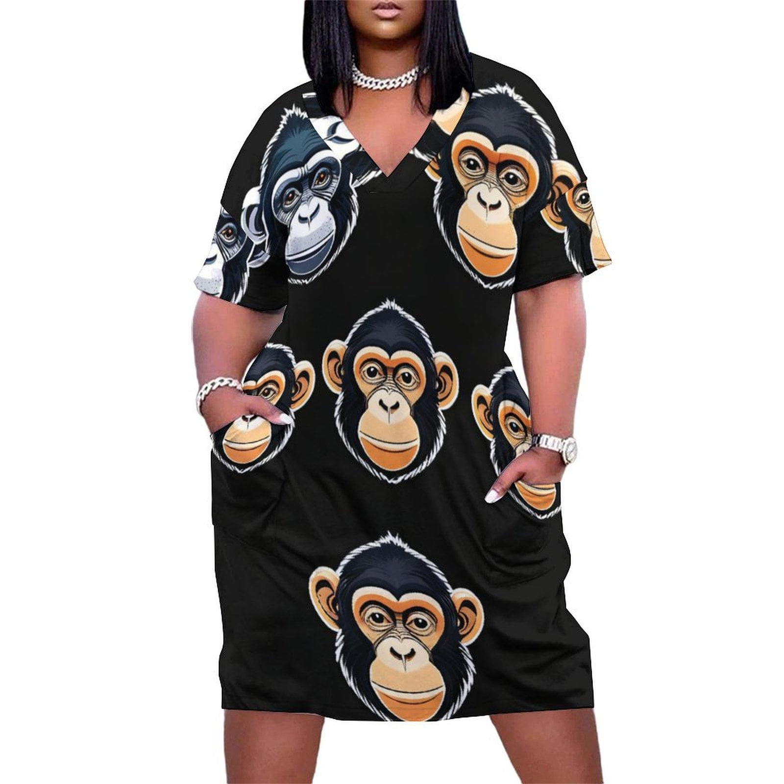 Monkey Faces Cartoon Set Loose Pocket Dress Dresses Summer Summer ...