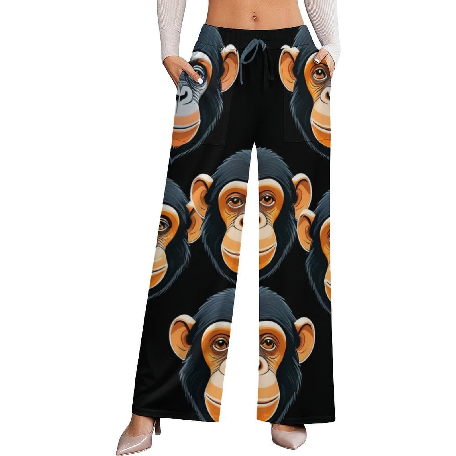 Monkey Faces Cartoon Set Women's Casual Wide Leg Pants Comfort Pockets ...