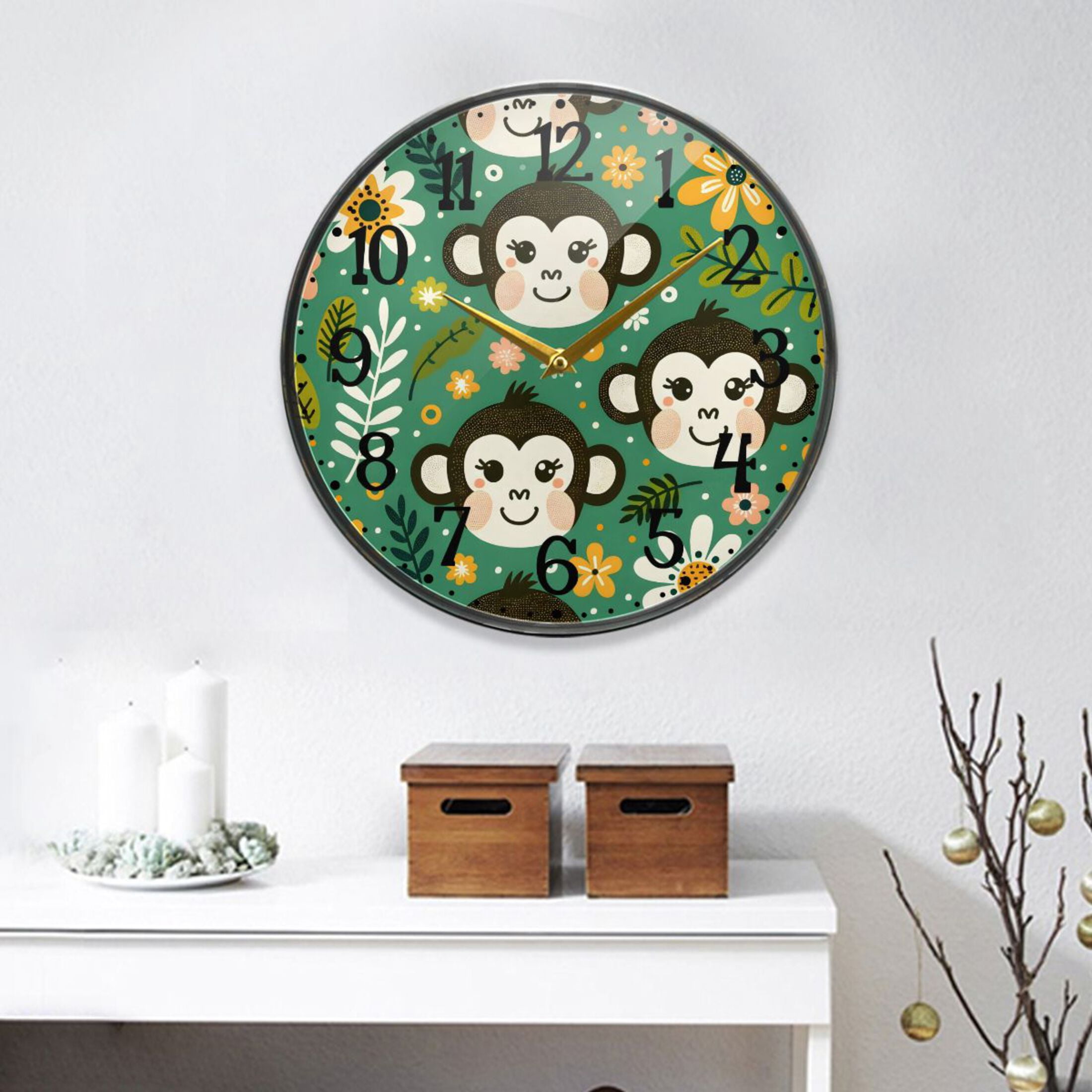Monkey Faces Flowers Dots Round Wall Clock 12 Inch Non-Ticking Silent ...
