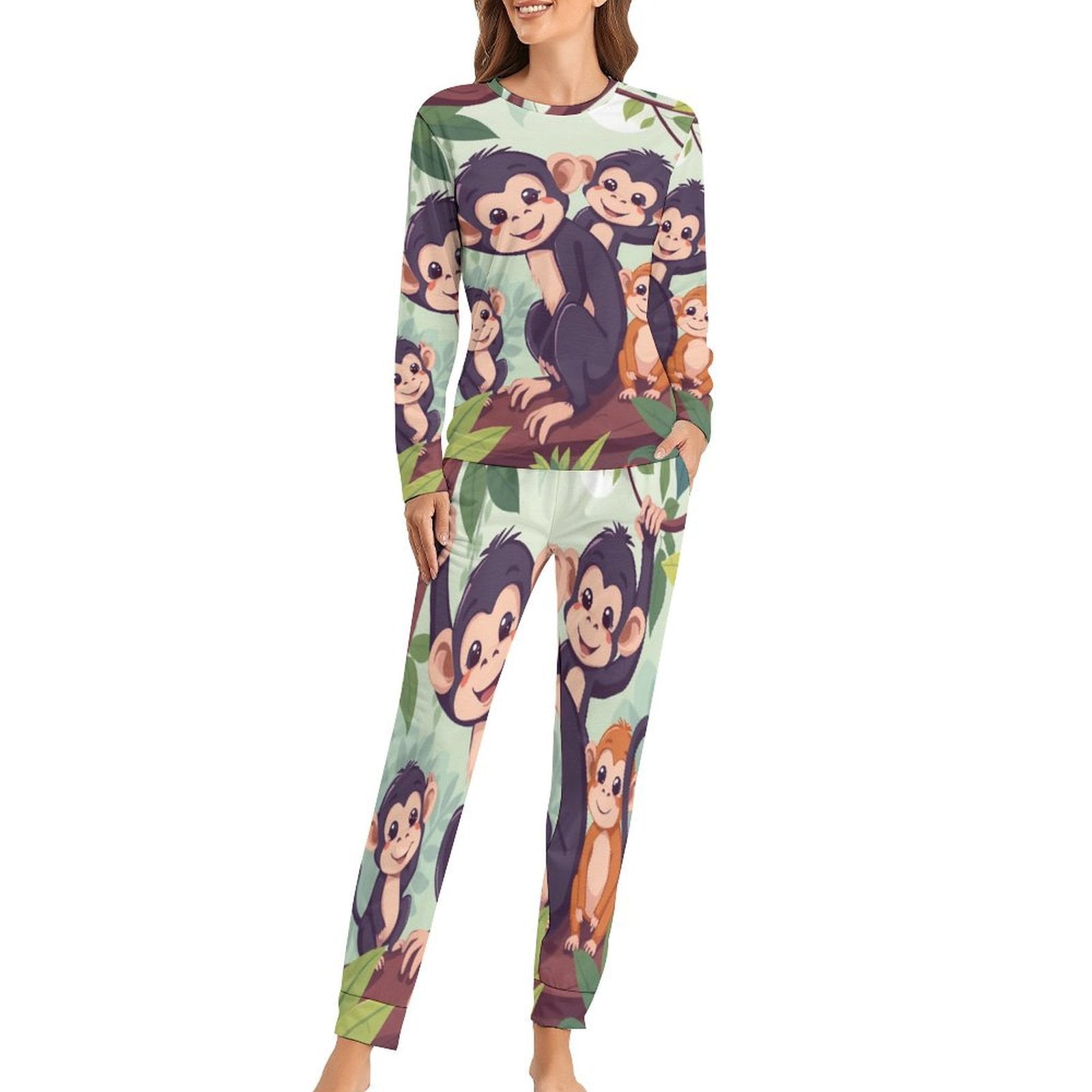 Monkey Family Jungle Fun Pajamas Woman Nightwear Long Sleeve Two Piece ...