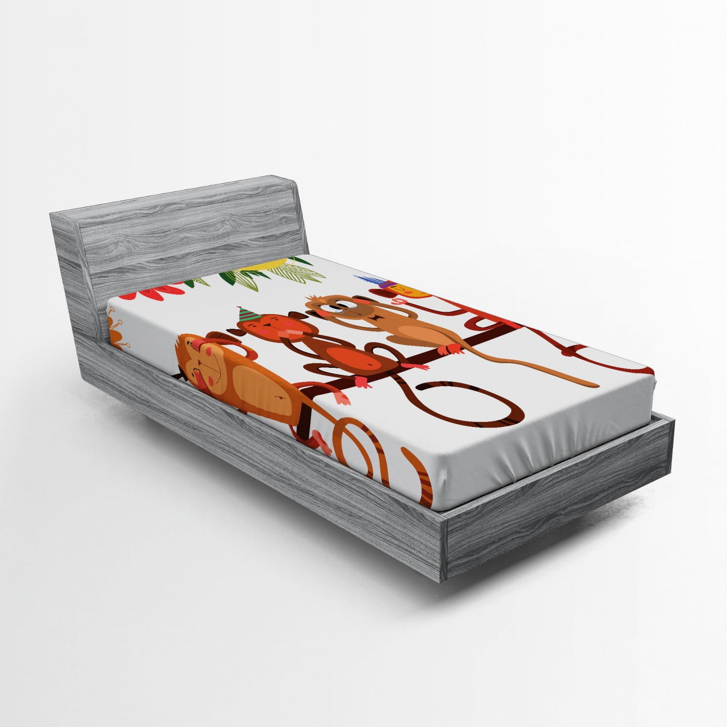 Monkey Fitted Sheet, Cartoon Style Illustration with Animals Sitting on ...