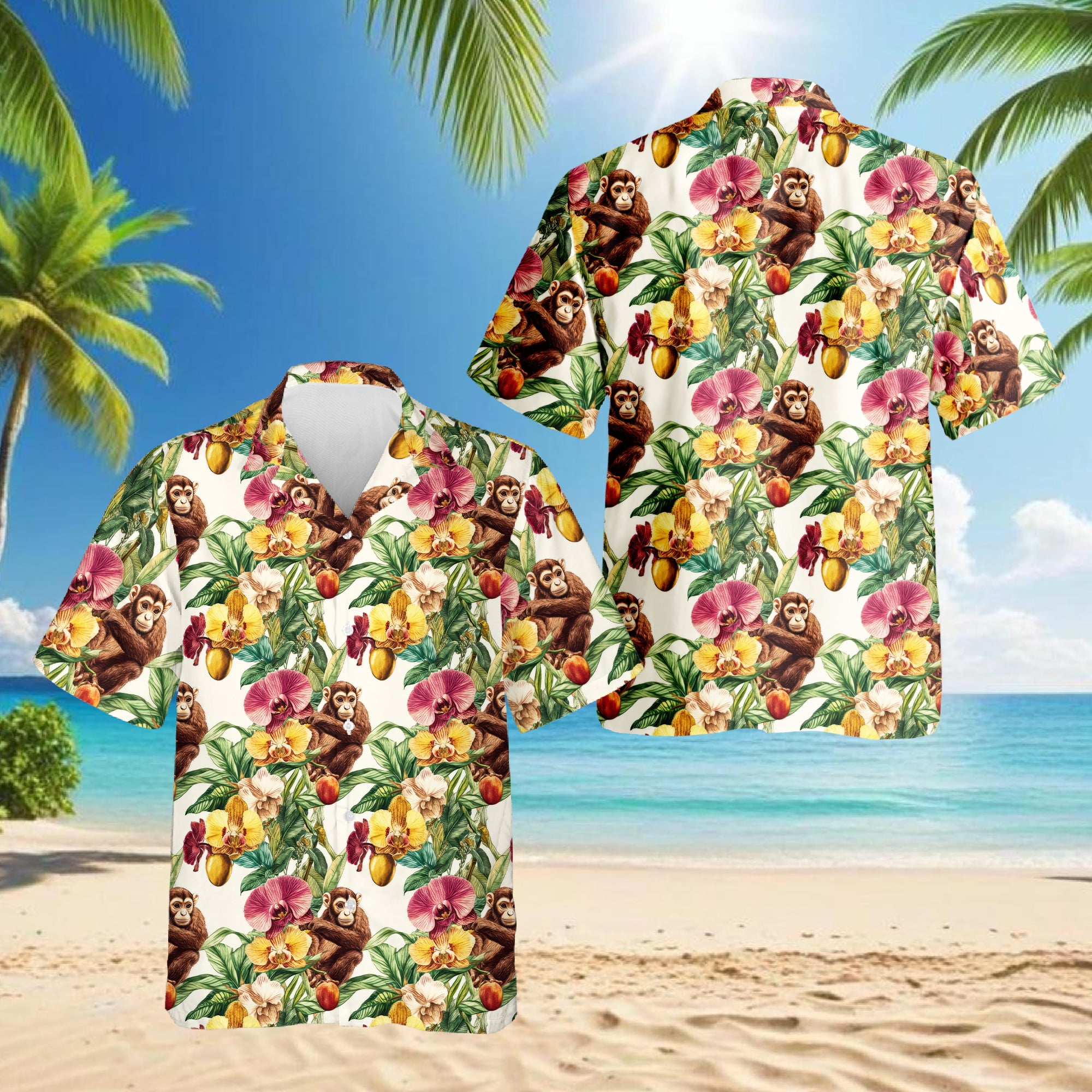 Monkey Hawaiian Shirt for Men, Tropical Style, Button Down Summer Beach ...