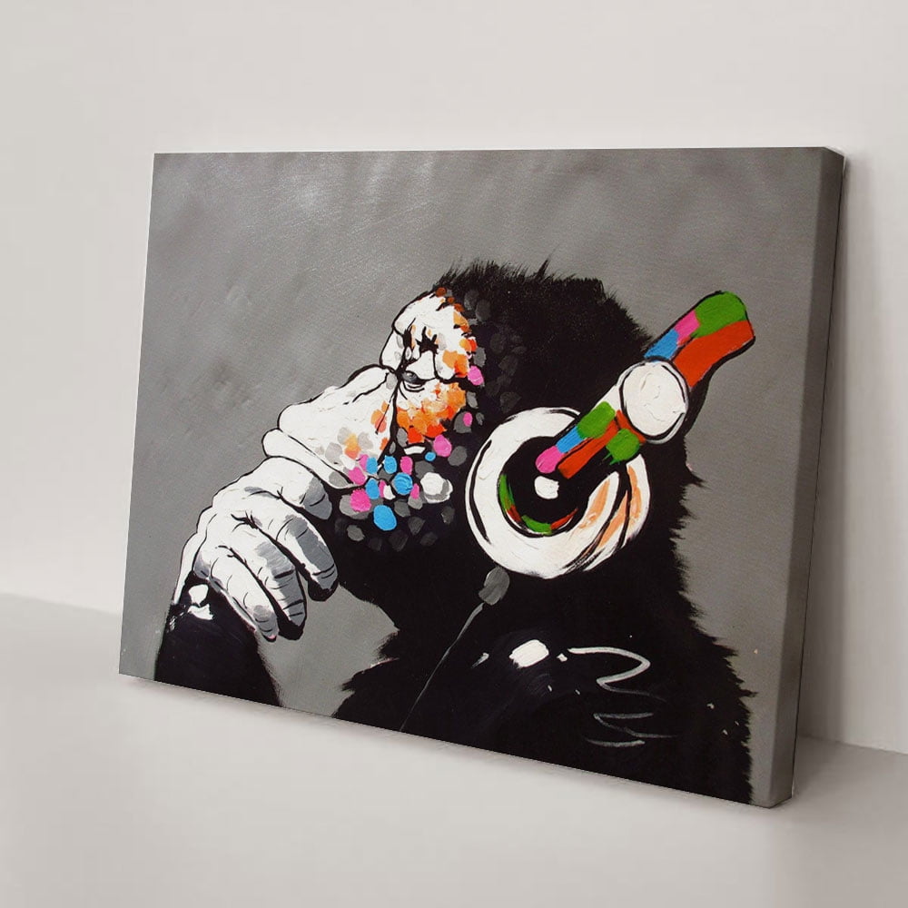 Monkey With Headphones Banksy DJ Chimp Pop Art Cool Ape Abstract Canvas ...