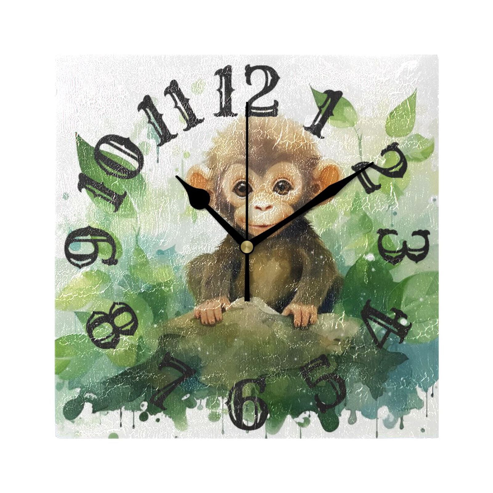 Monkey Leaves Wall Clock Square Silent Non Ticking Battery Operated ...