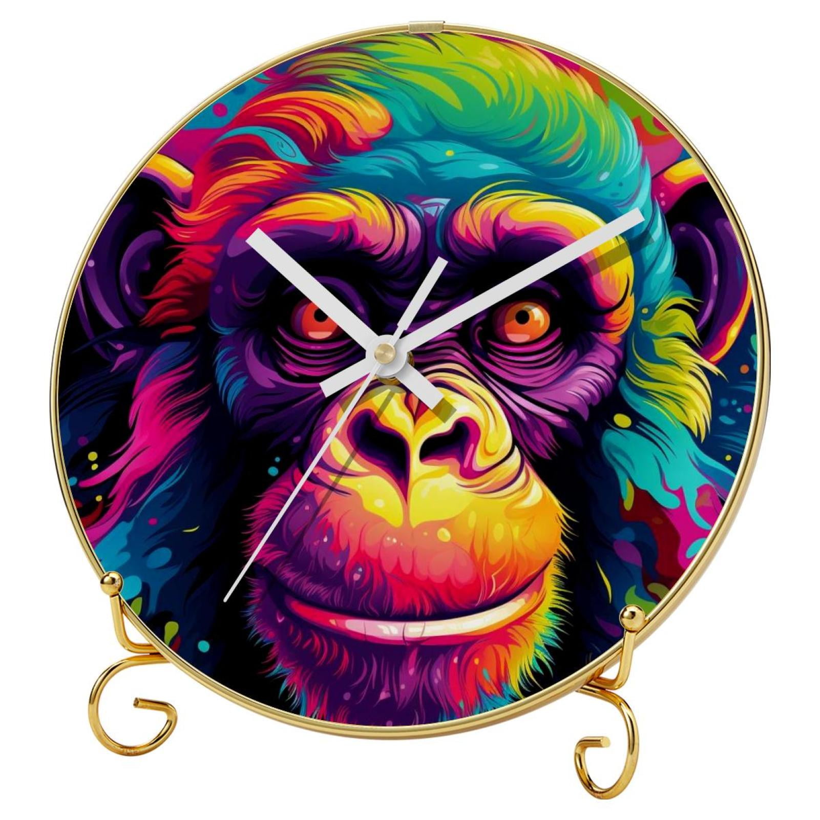 Monkey Modern Round Wall Clock with Printed Design, Hooks and Gold ...