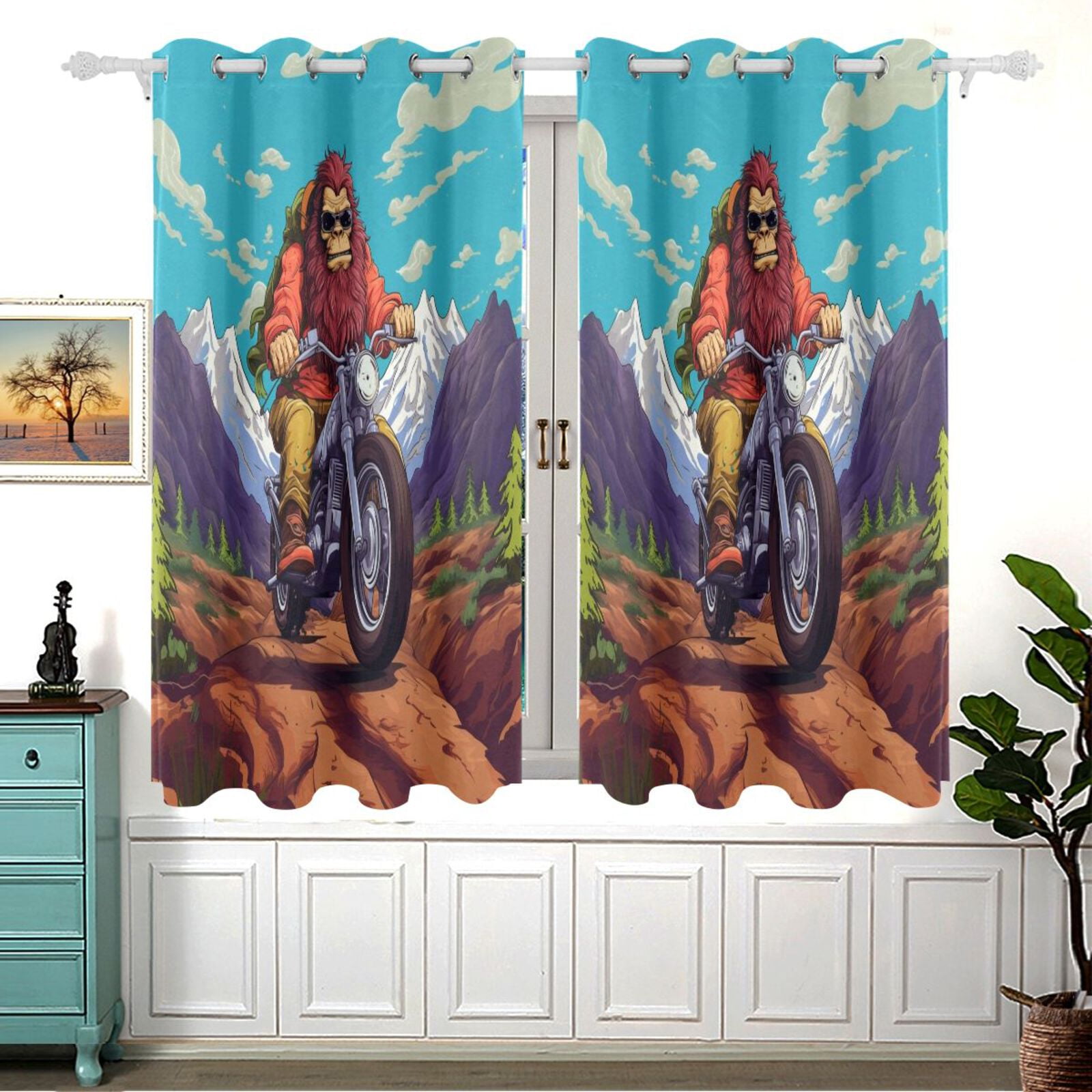 Monkey Motorcycle Mountain Black Out Curtains Aesthetic for Bedroom ...