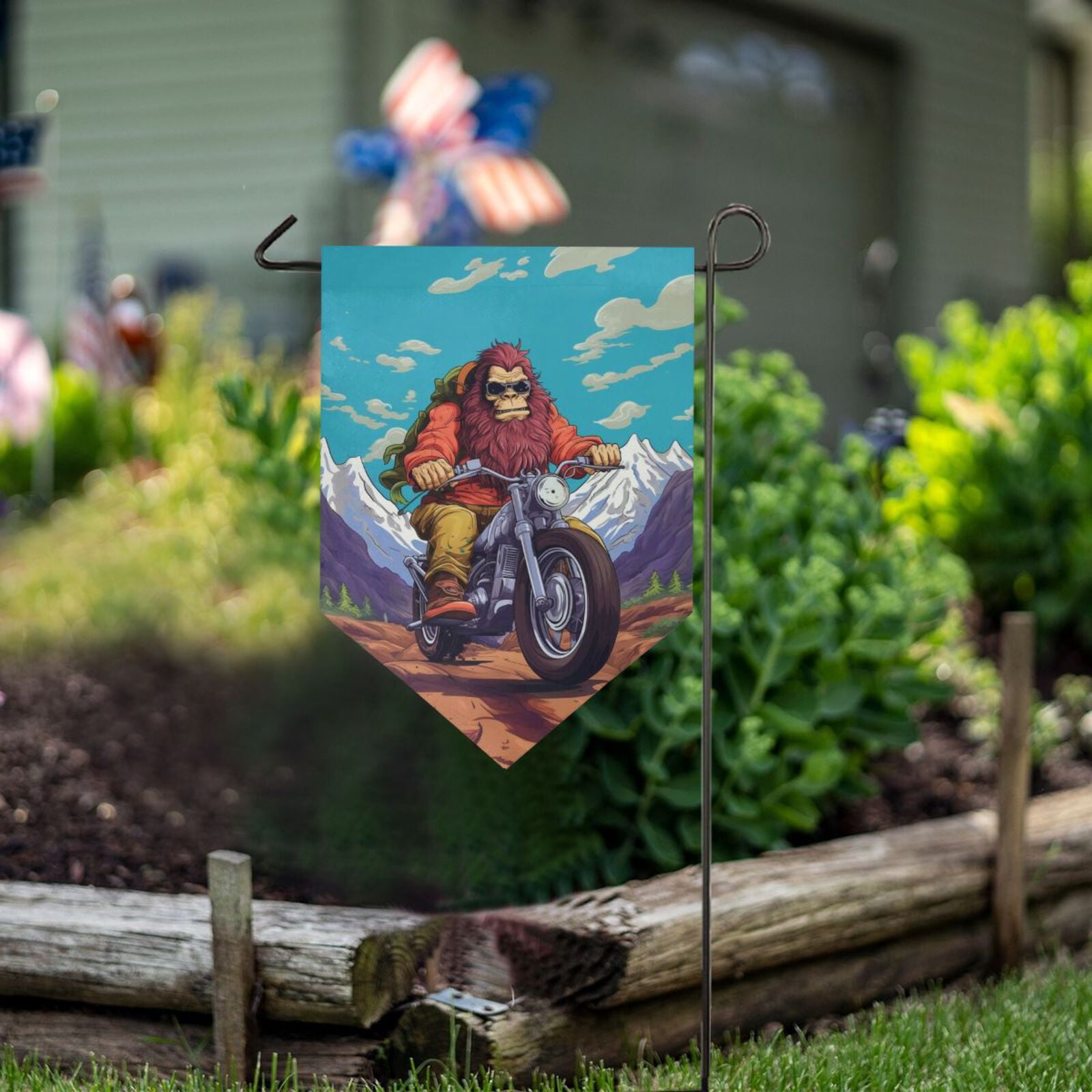 Monkey Motorcycle Mountain Garden Flag 18" x 12.5" Double Sided Yard ...