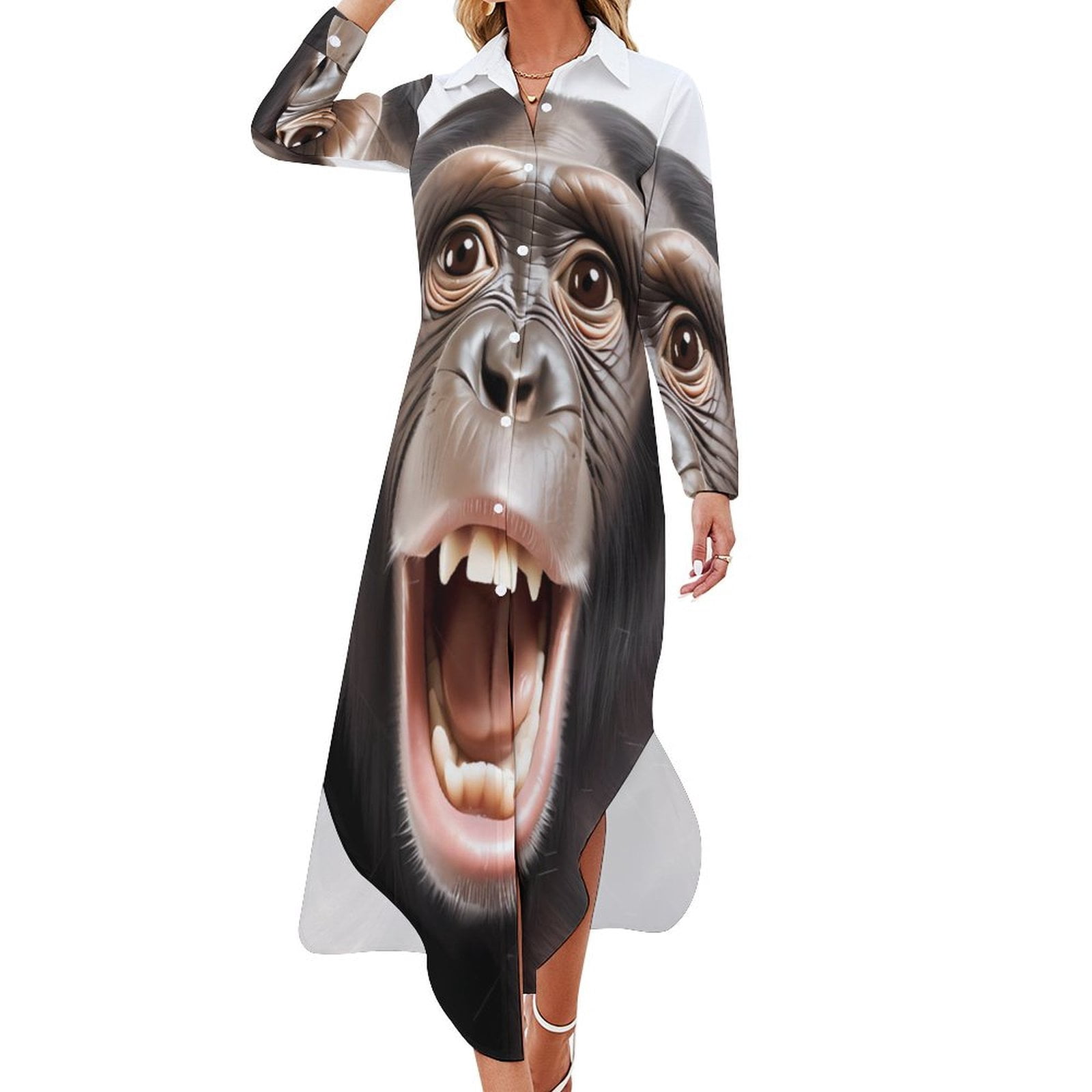 Monkey Orangotan Face Women's Maxi T Shirt Dress Long Sleeve Lapel ...