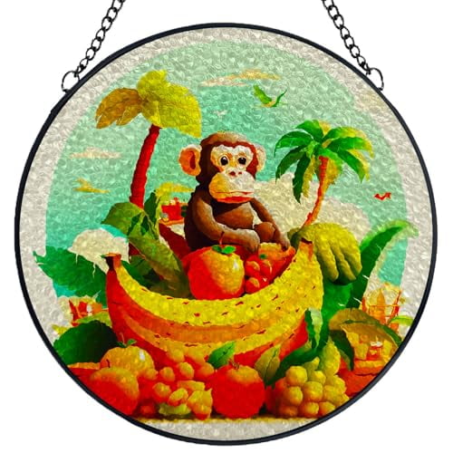 Monkey Sitting in Fruit Stained Glass Suncatcher Panel Handmade Glass ...