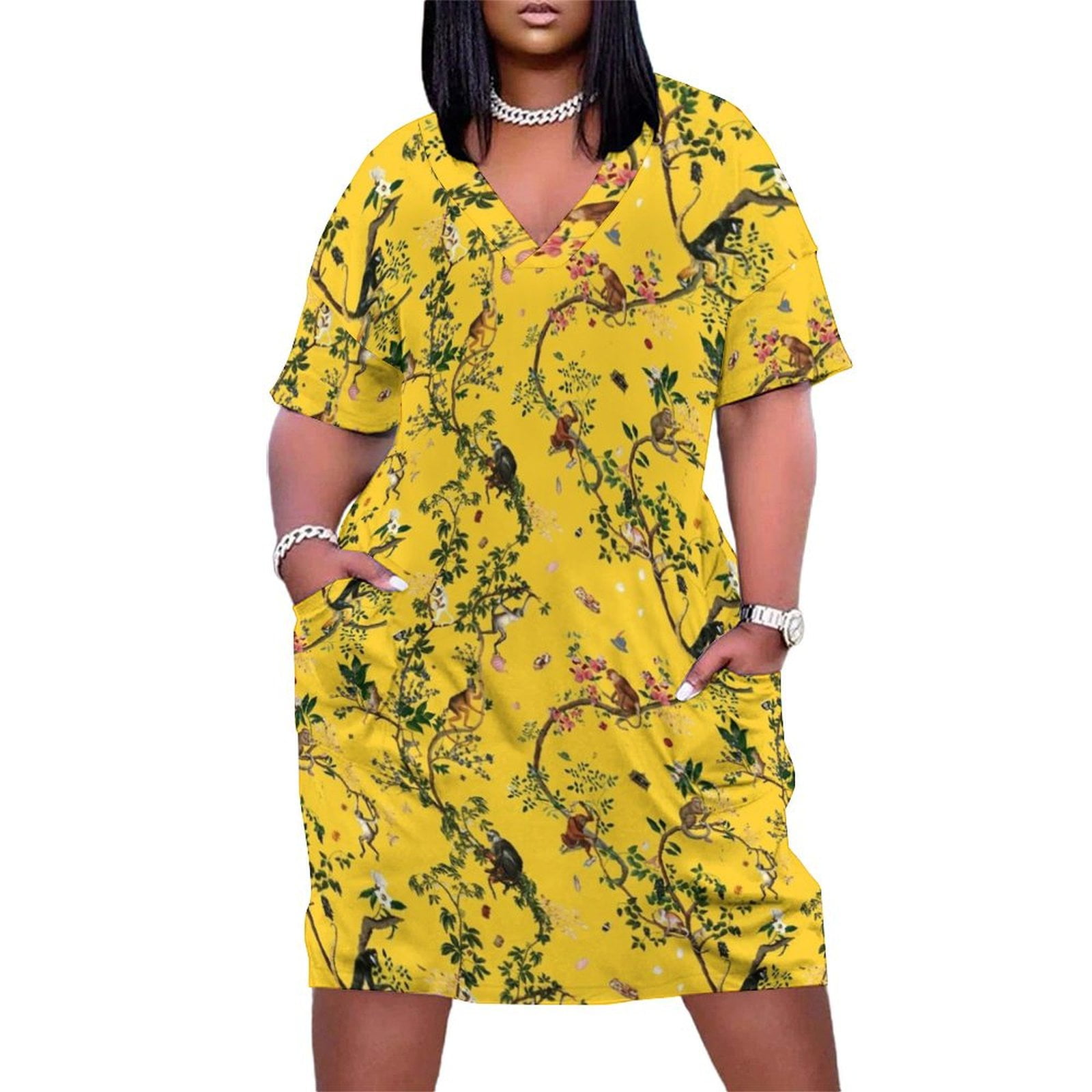 Monkey World-vestido holgado amarillo con bolsillos para mujer ropa de ...
