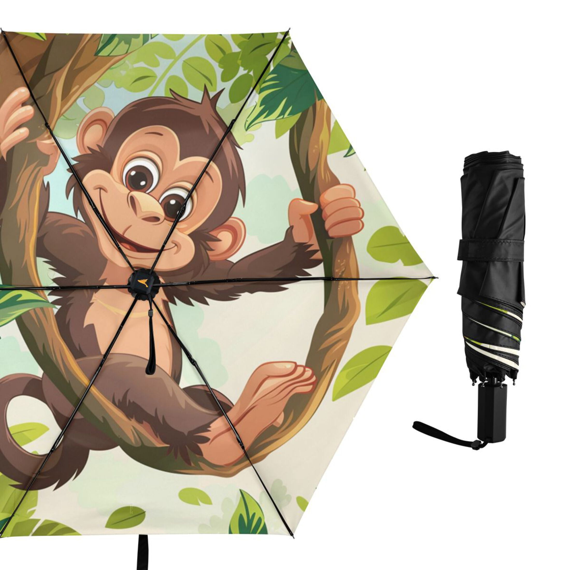 Monkey on The Branch Cartoon Triple Folding Umbrella Parasol 6 Ribs UV ...