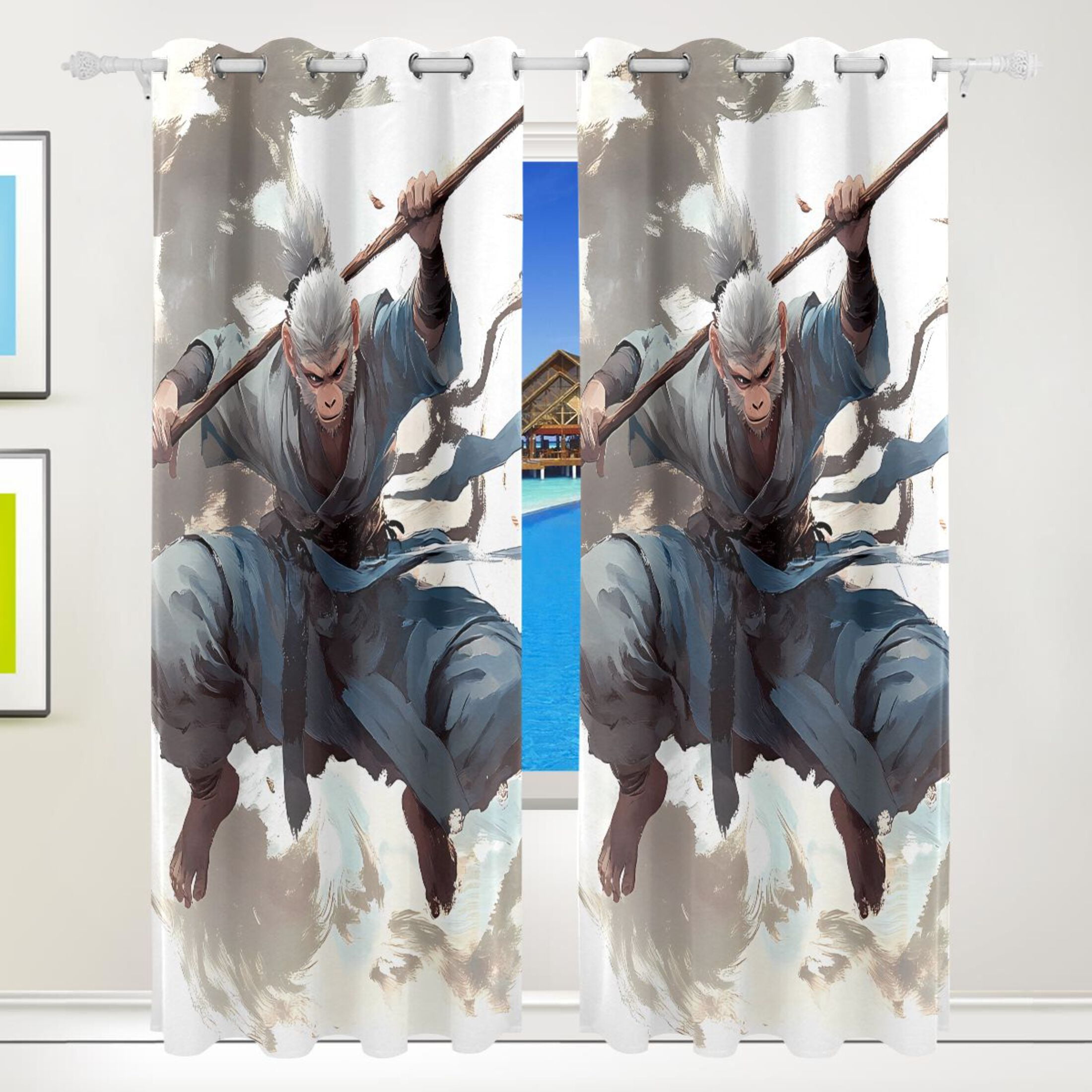 Monkey with Stick Blackout Curtains 72 inch Length 2 Panels Grommet ...