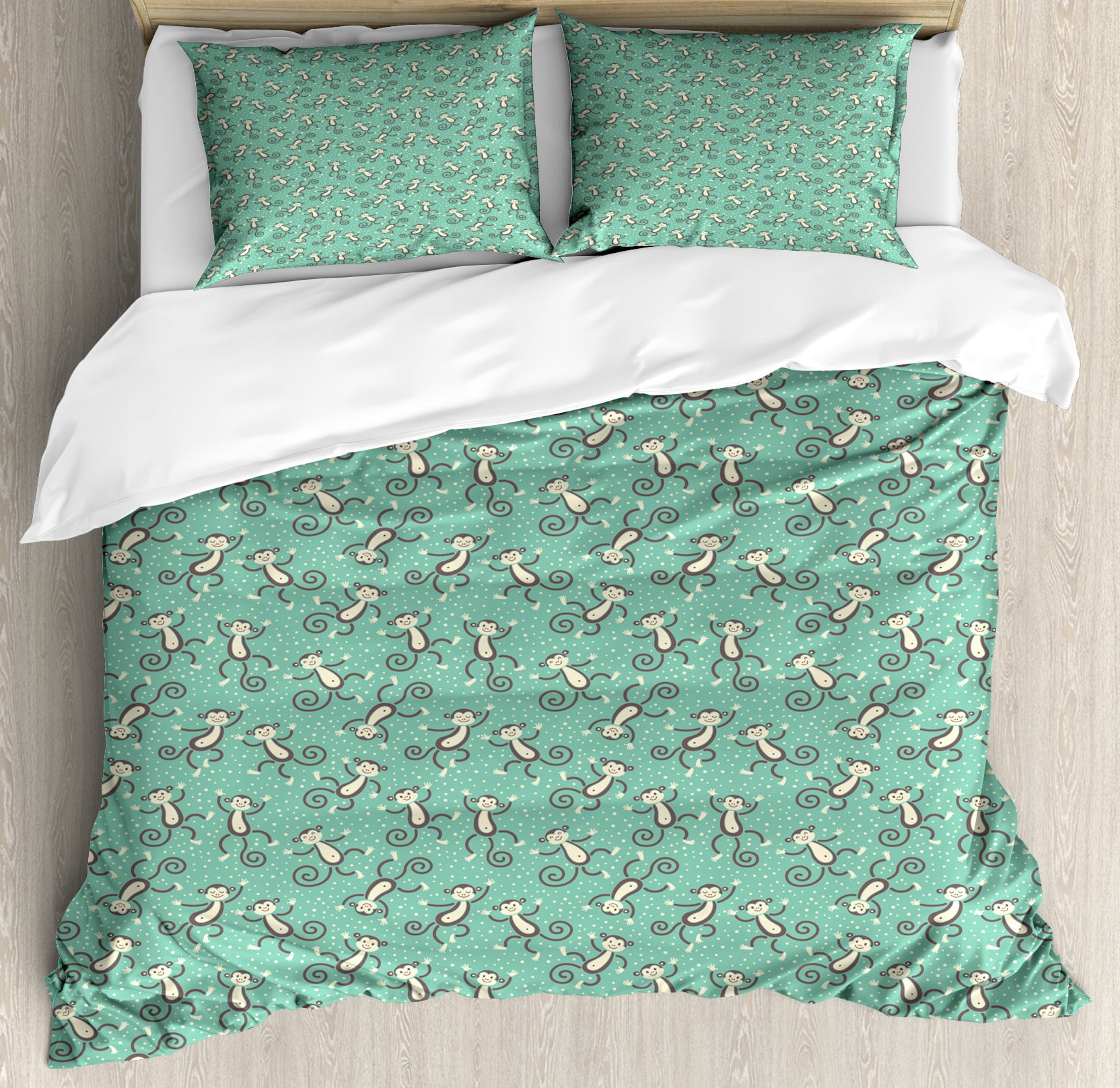 Monkeys Duvet Cover Set, Funny Creatures with Curling Tails on a ...