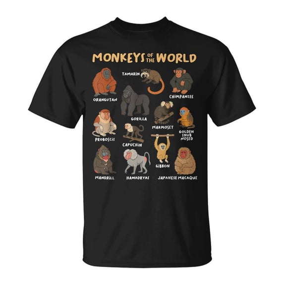 Monkeys Of The World Educational Animal Ape Collection Types TShirt ...
