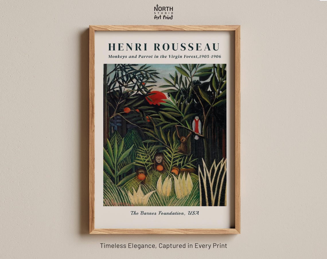 Monkeys And Parrot In The Virgin Forest Print, Henri Rousseau 1905 ...