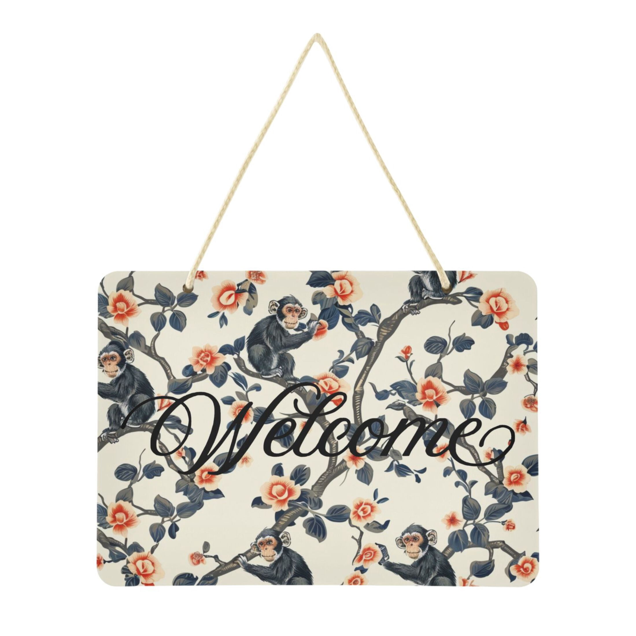 Monkeys on Branches with Flowers Welcome Sign Front Door PVC 14x10 inch ...