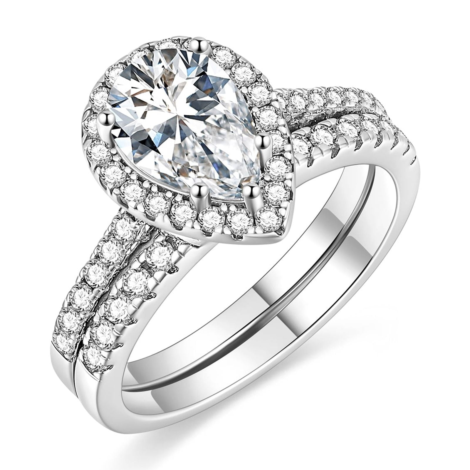 EAMTI 925 Sterling Silver Cubic Zirconia Two-in-One Bridal Rings Sets 1.5CT Teardrop Halo ...