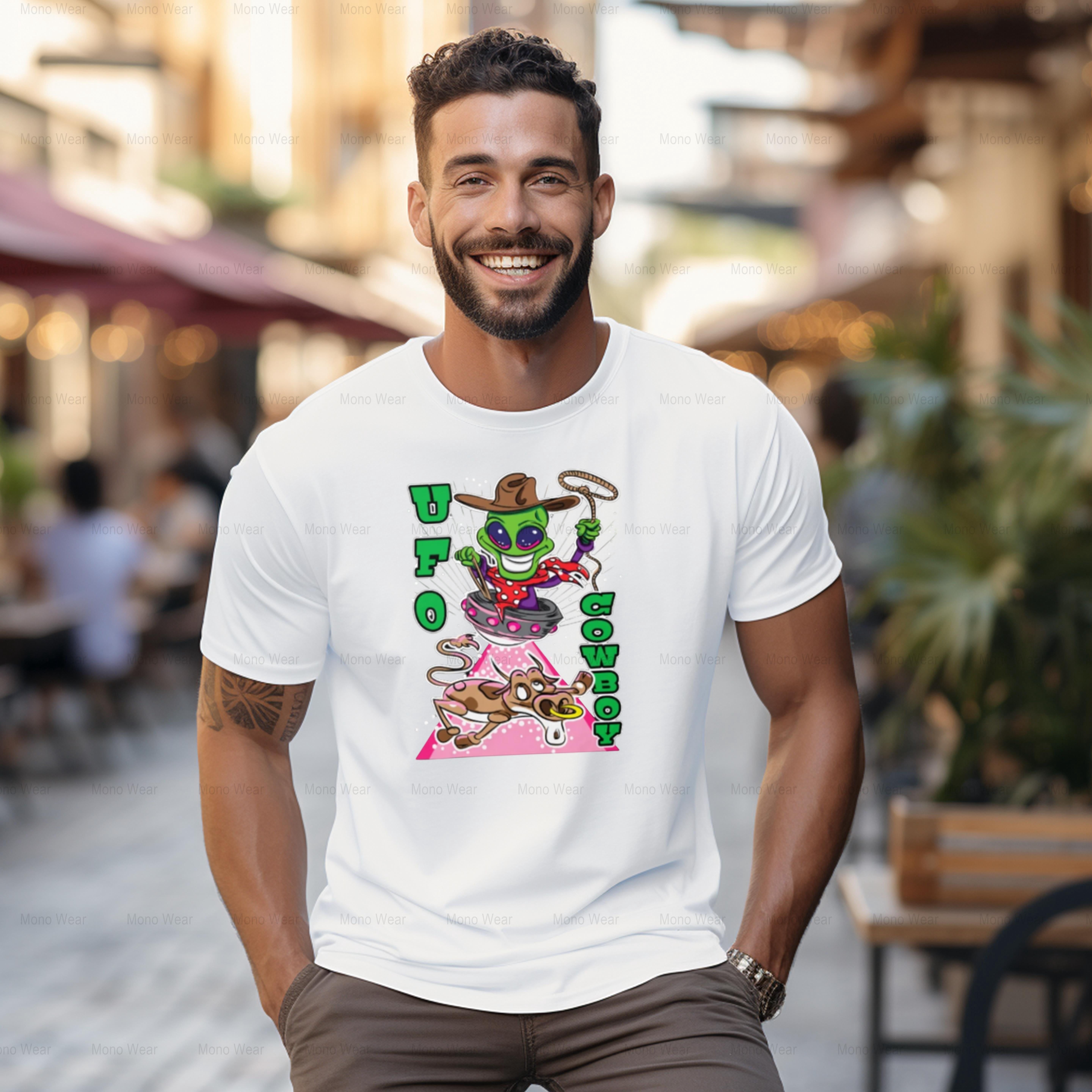 Mono Wear UFO Cowboy Alien T-Shirt with a Fun Sci-Fi Abduction Graphic ...