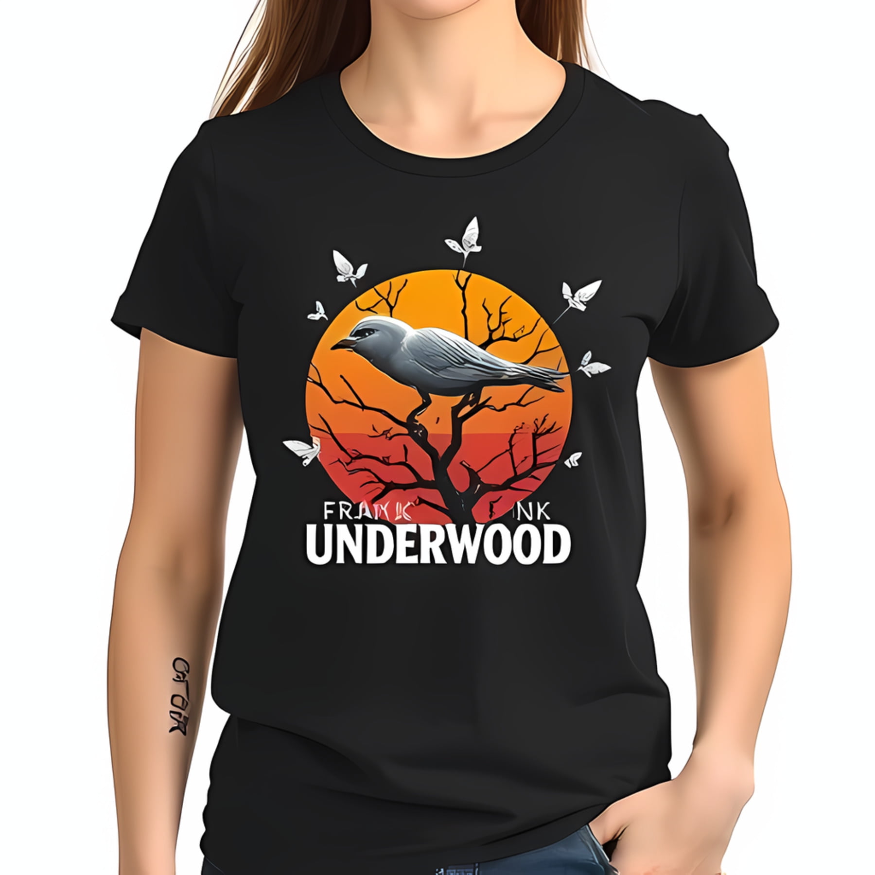 Monochromatic Bird on Barren Branch Graphic Cotton Short Sleeve T-Shirt ...