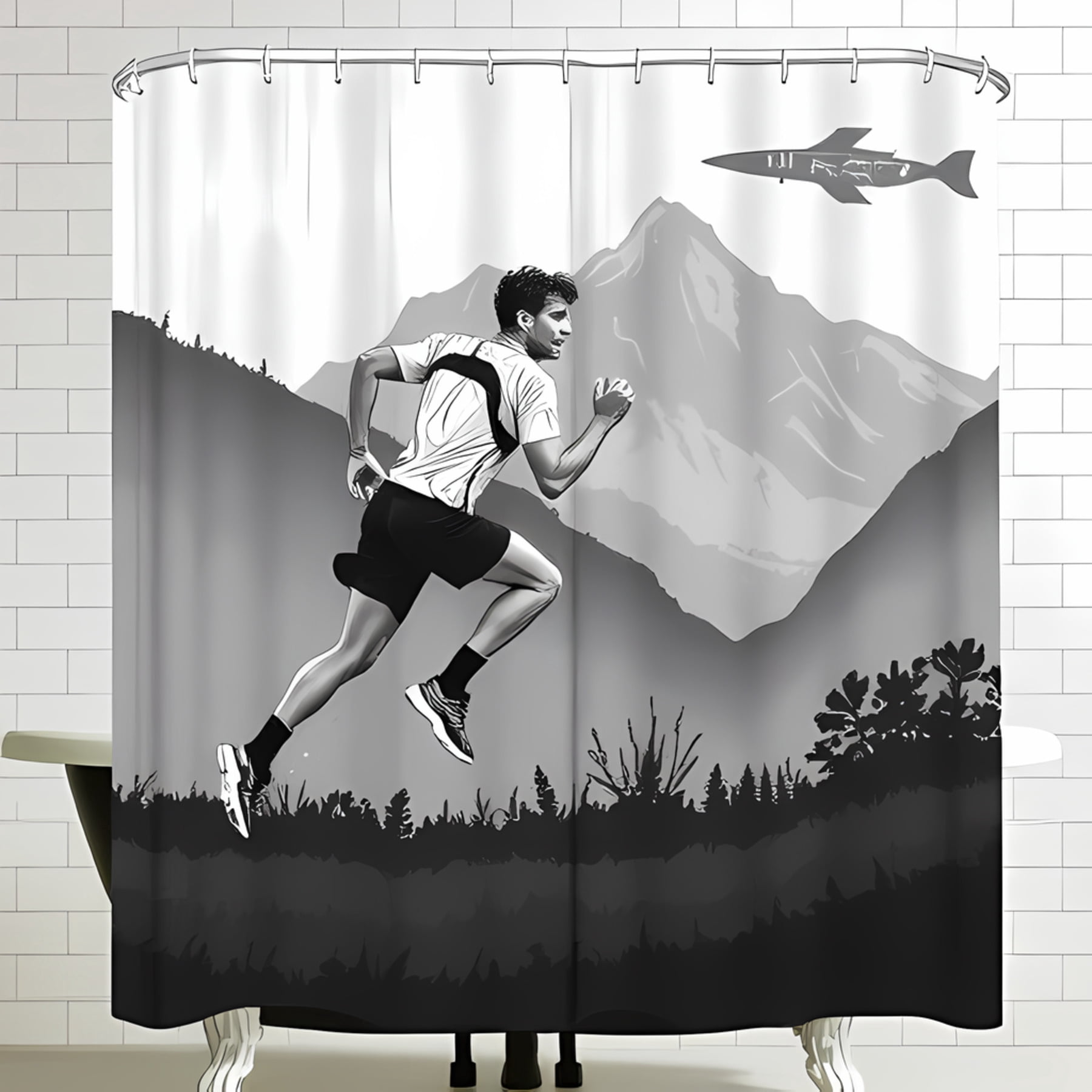Monochromatic Shower Curtain Featuring Male Runner in Mountainous ...