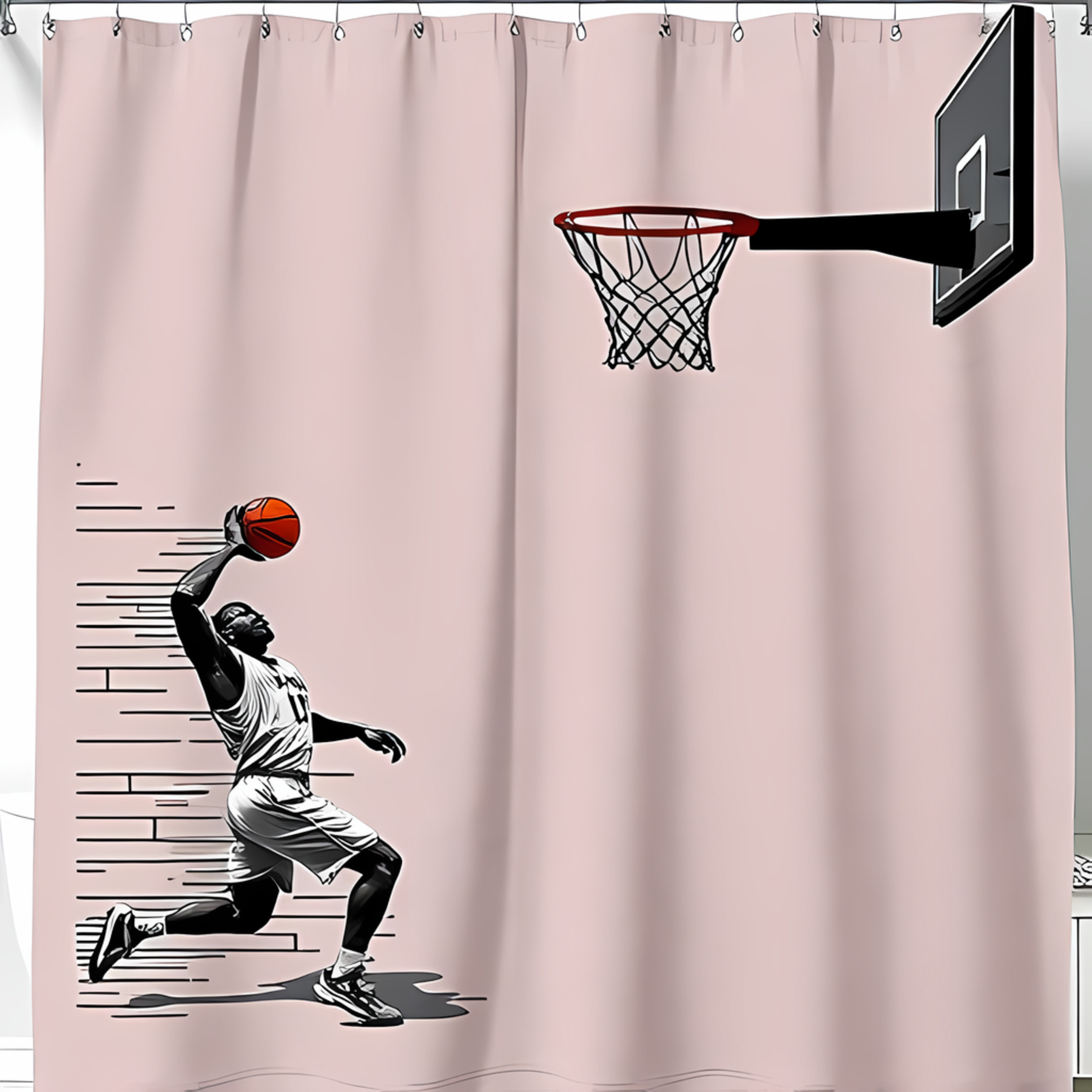 Monochrome Basketball Shower Curtain - Athletic Design with Soft Pink ...
