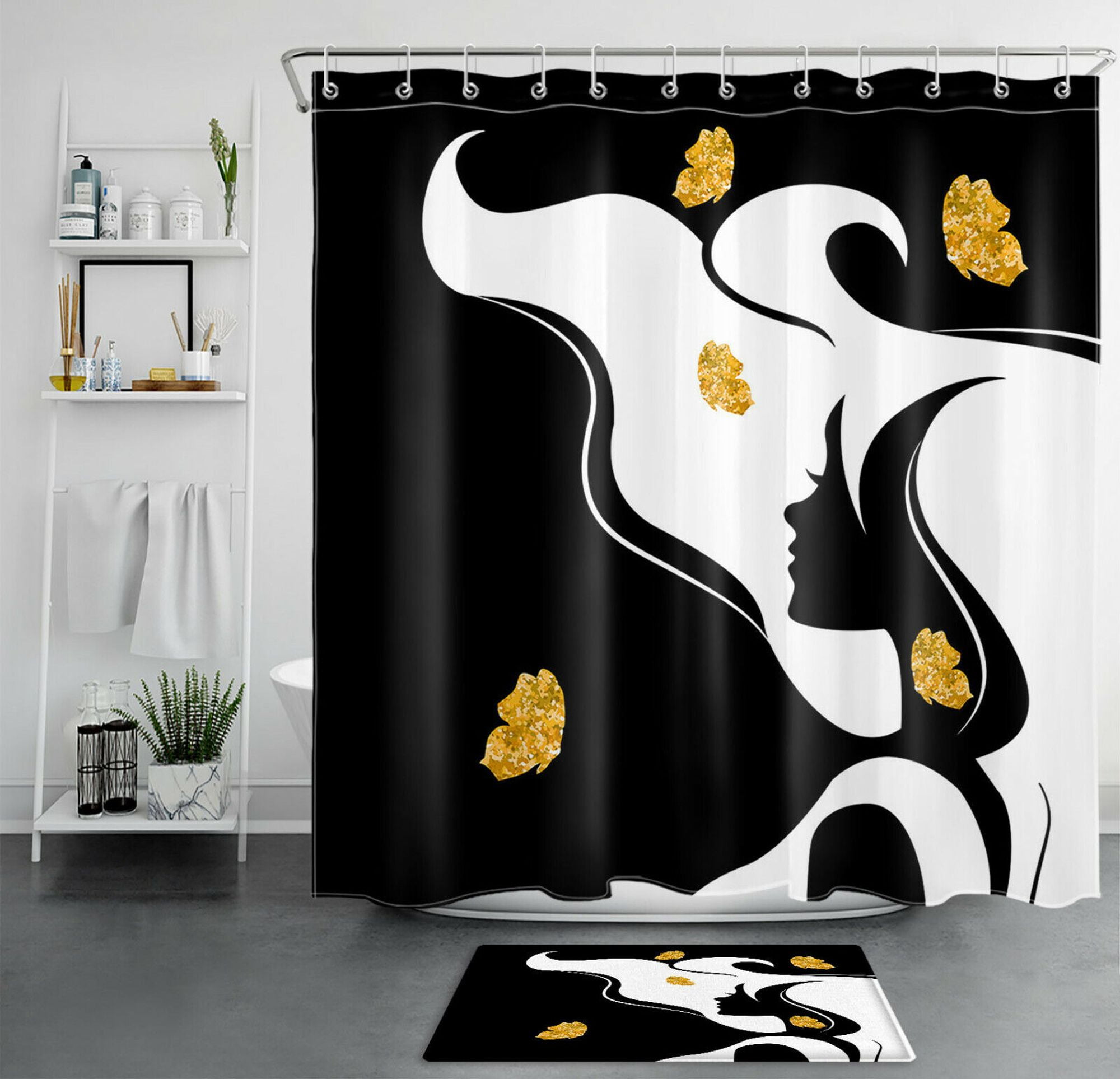 Monochrome Beauty Butterfly Girl Side Face Shower Curtain Set