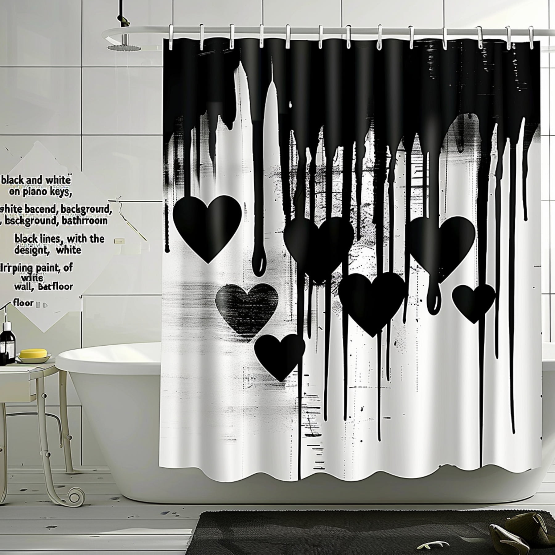 Monochrome : Black and white heart piano keys shower curtain with ...