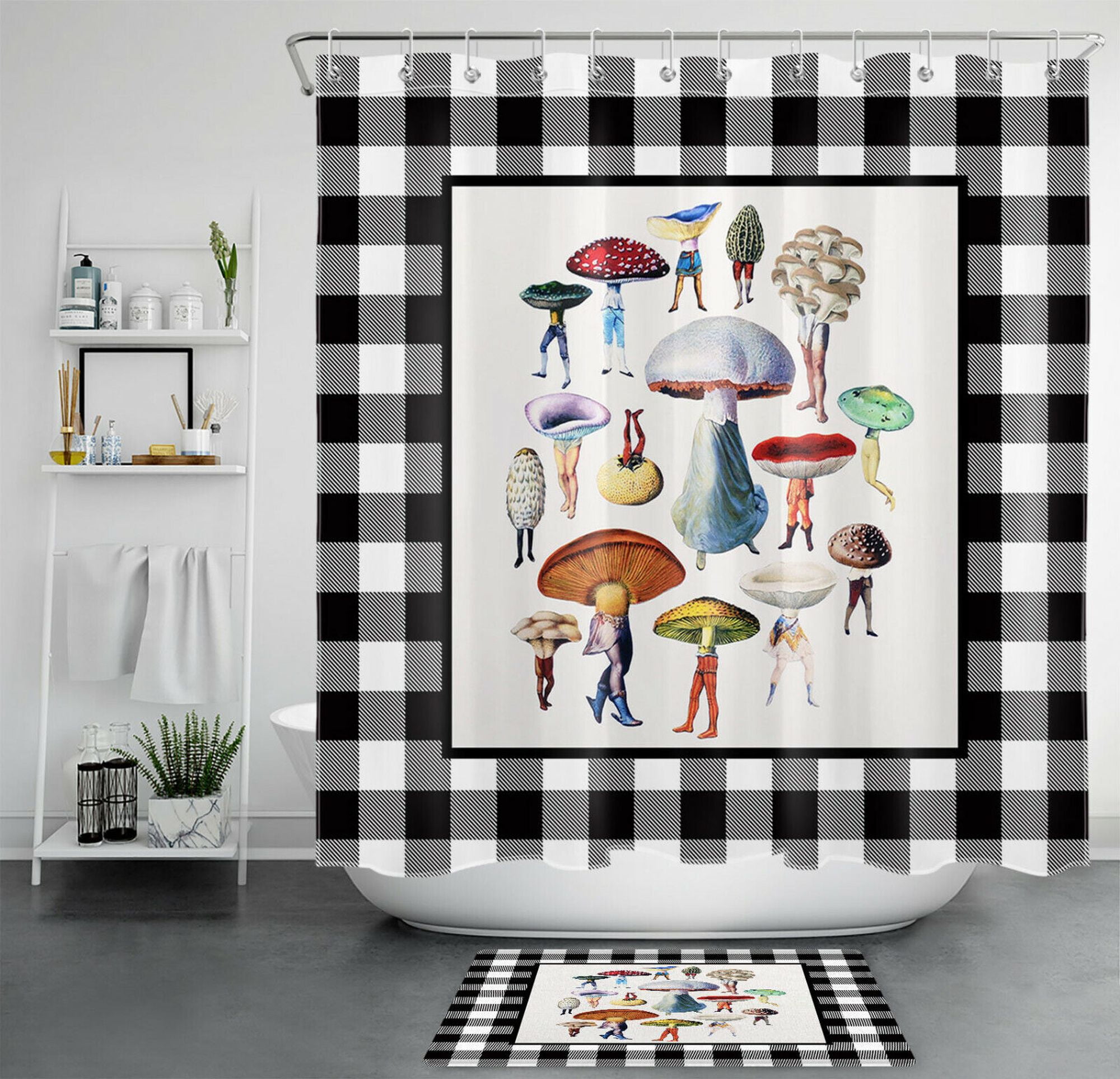 Monochrome Buffalo Check Psychedelic Mushroom Shower Curtain - Elevate ...