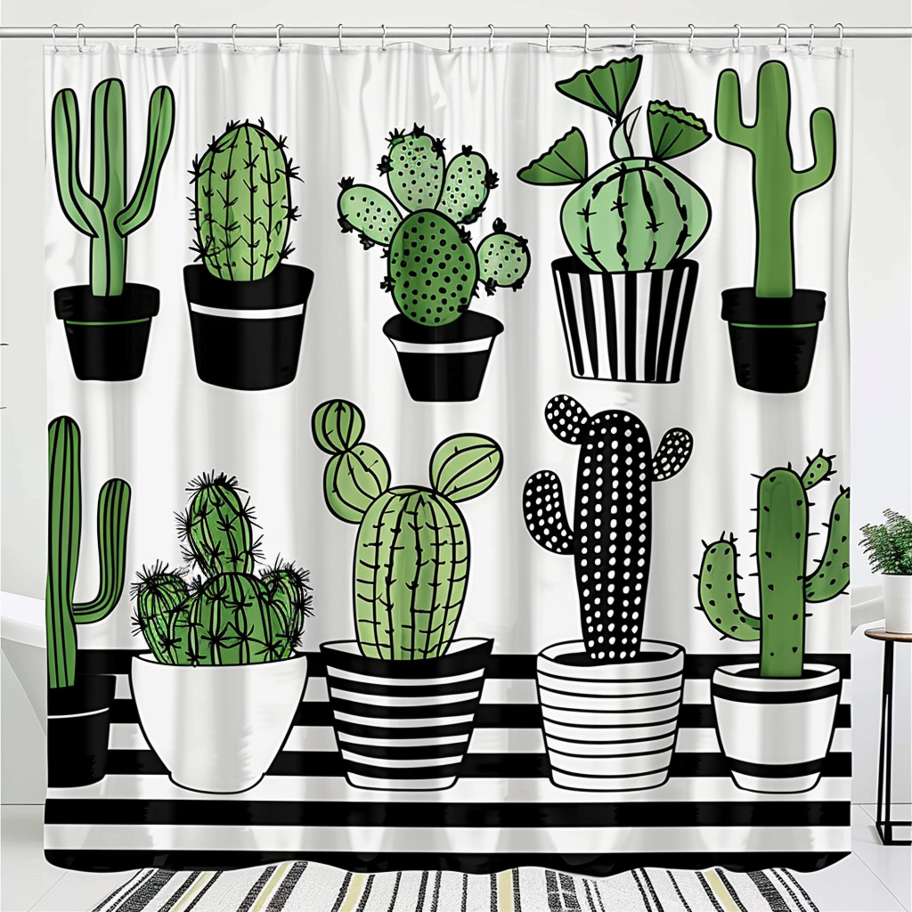 Monochrome Cactus Oasis Shower Curtain Modern Black And White Striped
