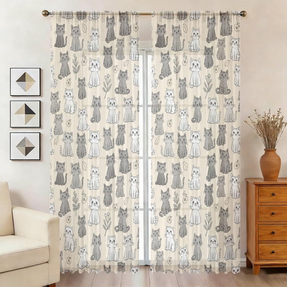 Monochrome Cat and Flower Beige Sheer Curtains, Sheer Curtain Panels ...