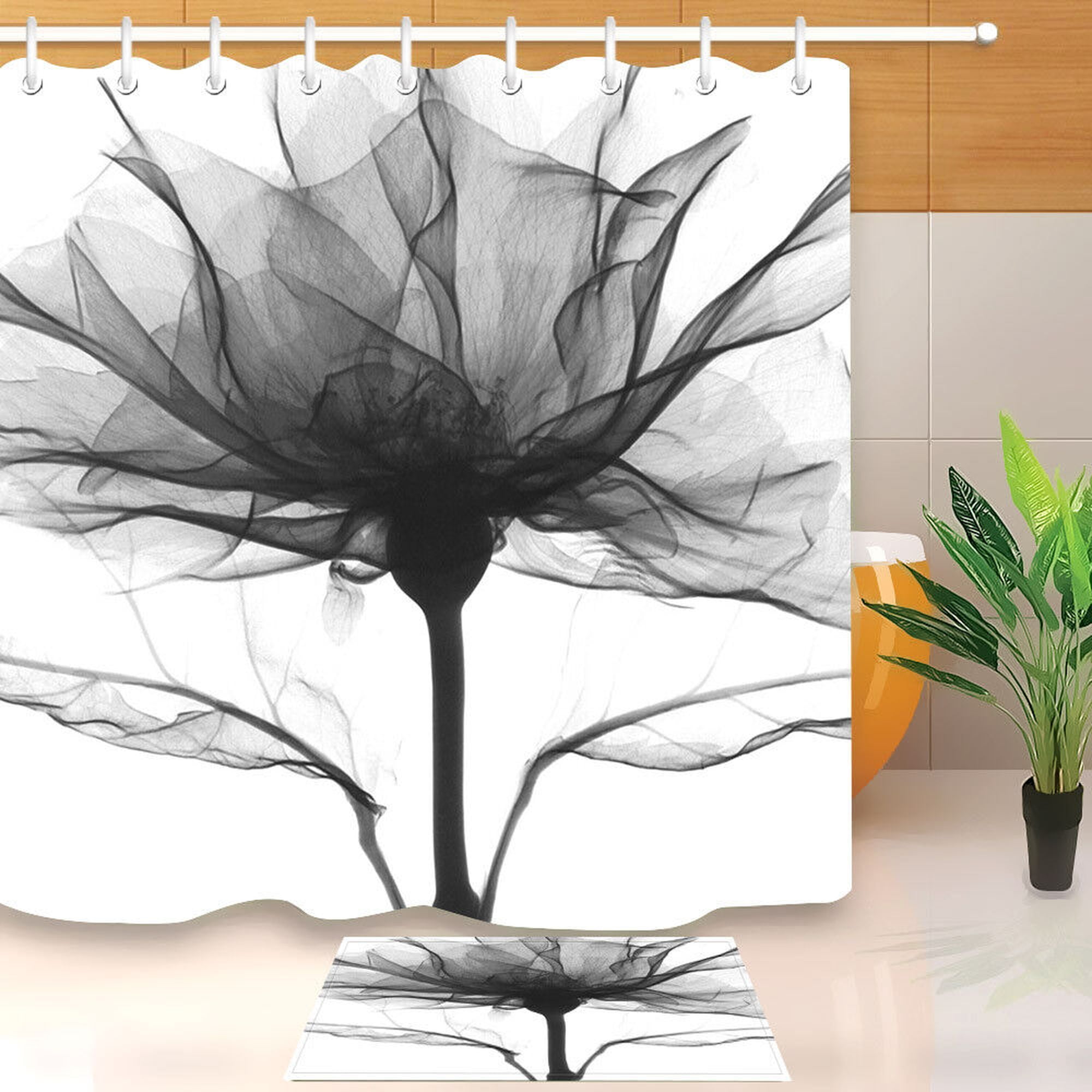 Monochrome Floral Shower Curtain Set With Waterproof Liner And Hooks