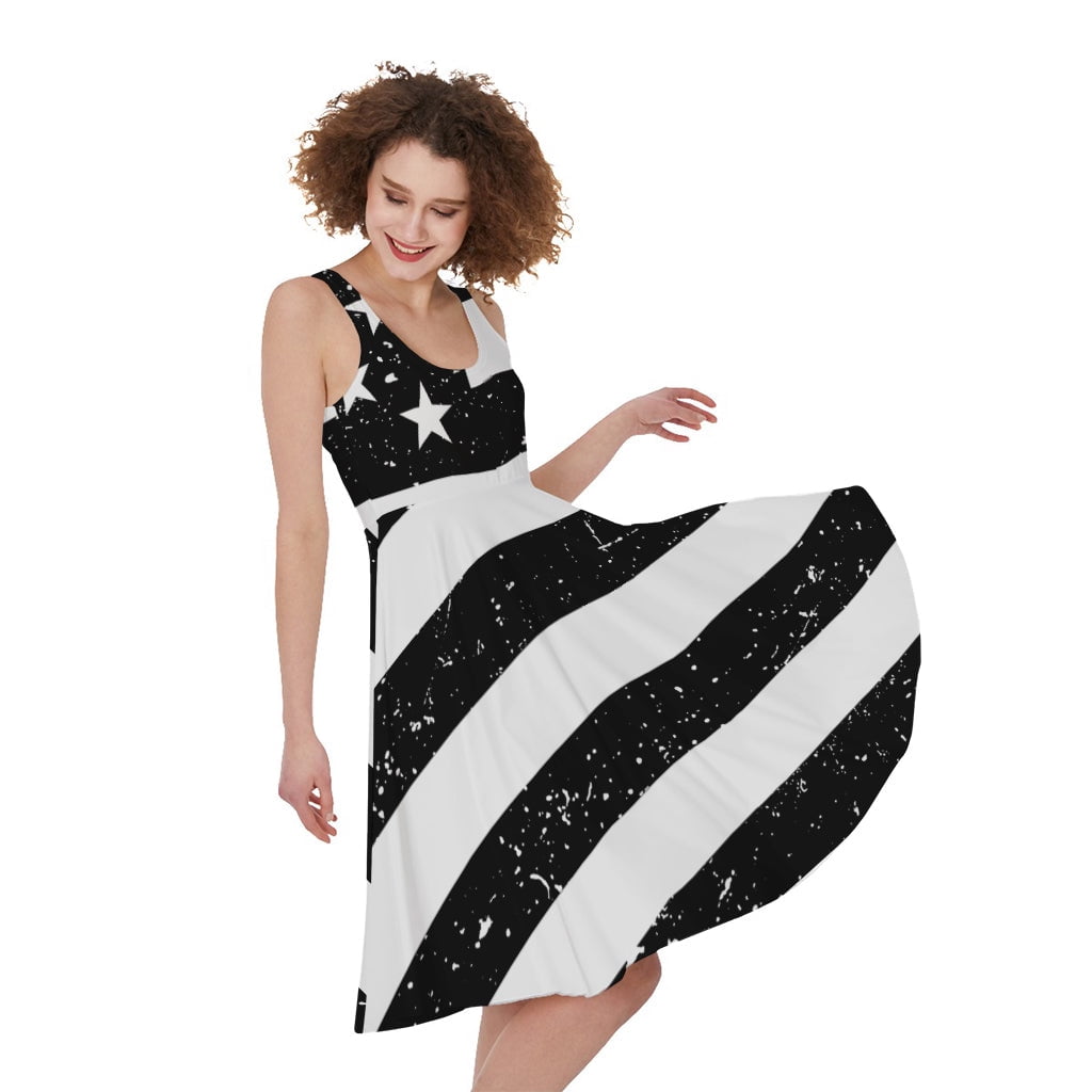 Monochrome Grunge American Flag Print Sleeveless Knee Length Dress ...
