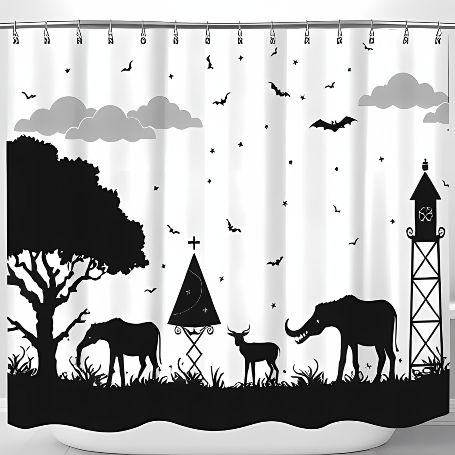 Monochrome Landscape Shower Curtain with Acacia Tree Watchtower and ...