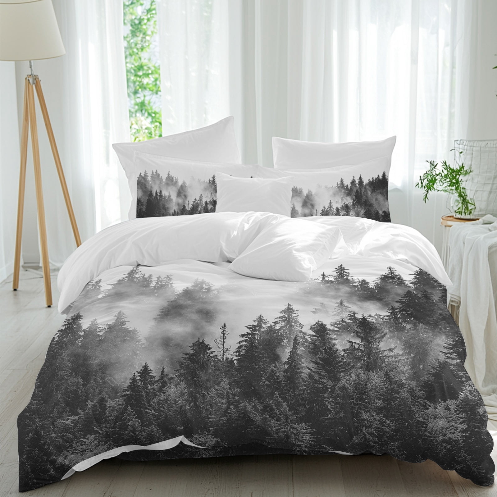 Monochrome Misty Natural Forest Queen Size Bed Set,Foggy Tree Woodland ...