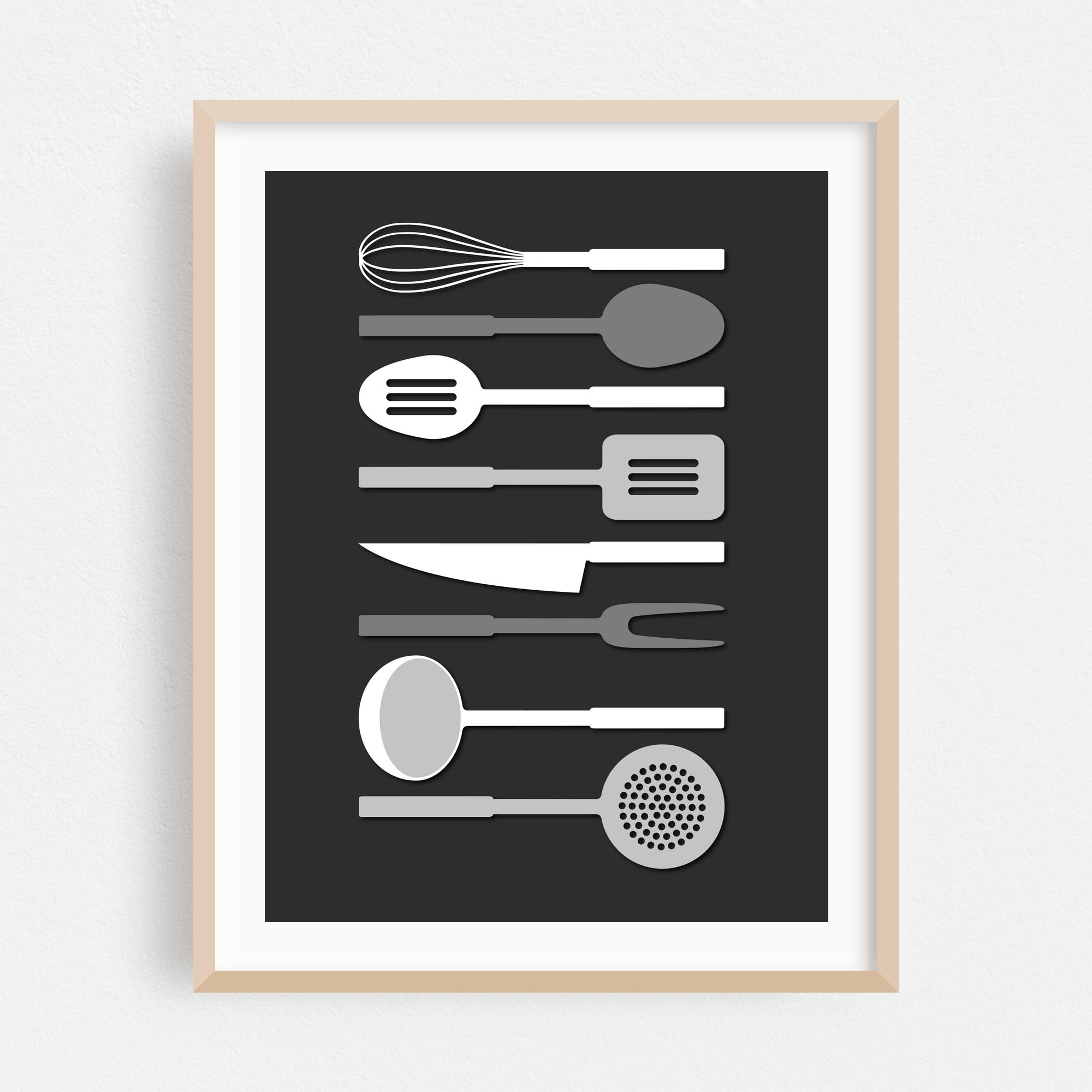 Monochrome Row Kitchen Utensils - Digital Art Kitchen Decor Minimalist ...