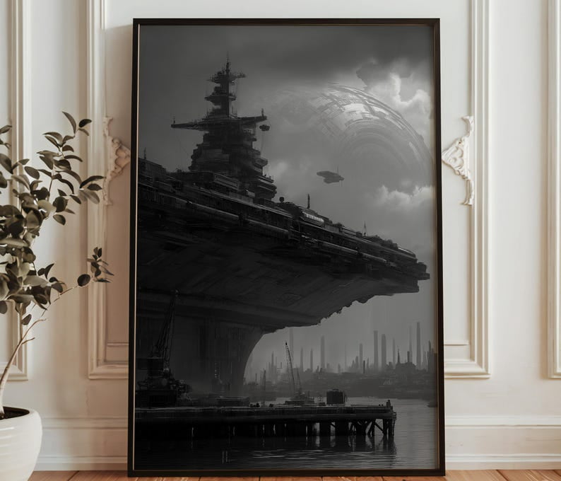 Monochrome Sci-Fi Naval Megastructure Futuristic Space Carrier Over ...