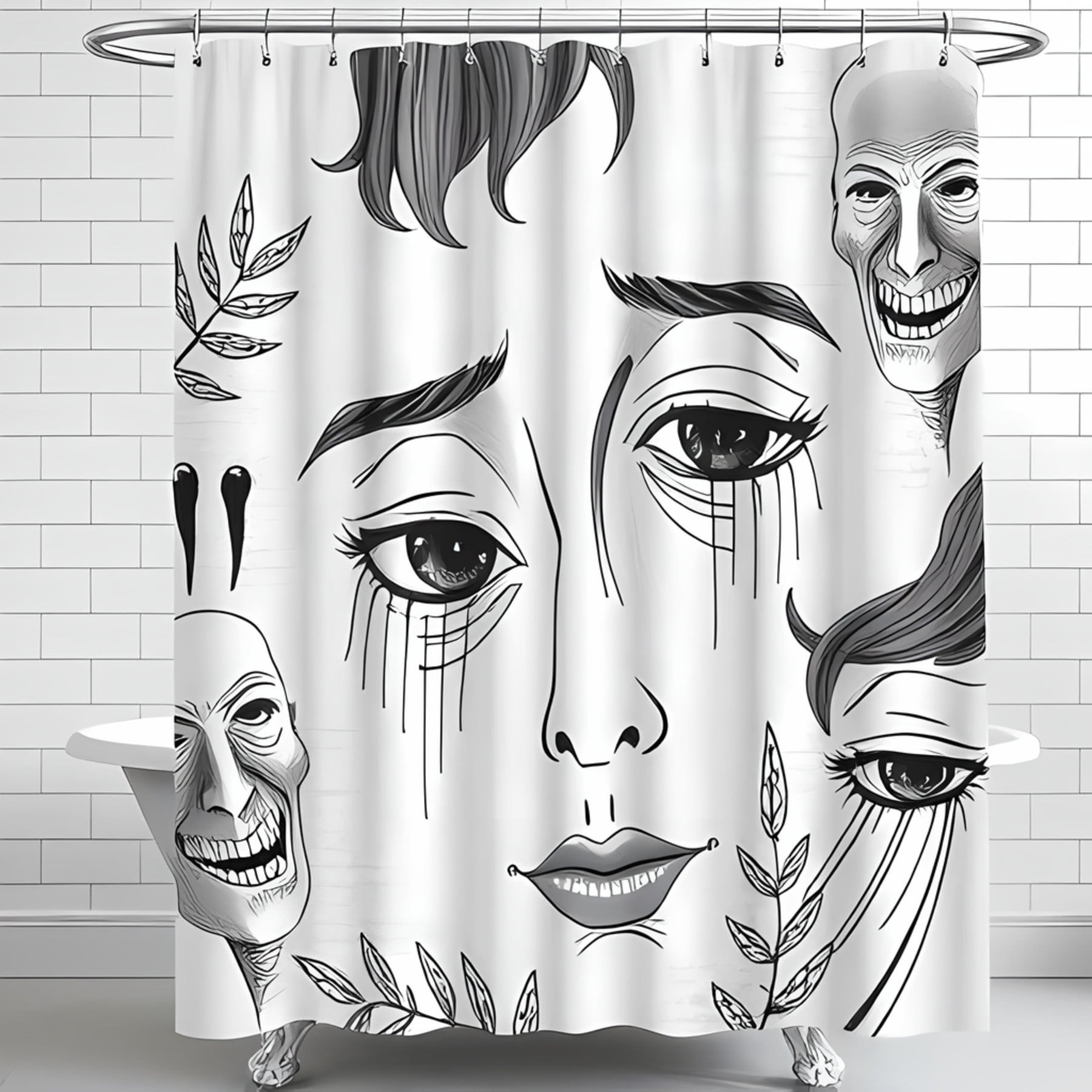 Monochrome Shower Curtain with Expressive Faces in Graphic Novel Style ...