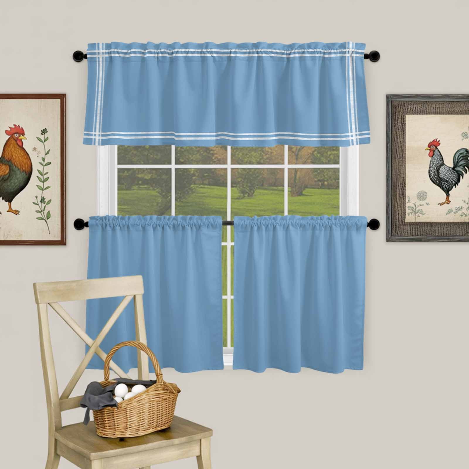 Monochrome Sky Blue Curtain Tier and Valance Set 3 Piece, Pure Color ...