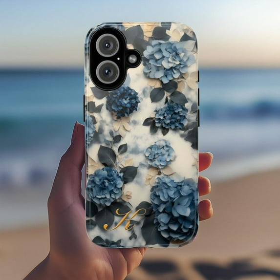 Monogram Blue Hydrangea Floral Phone Case for 17 16 15 14 13 12 11 Pro ...
