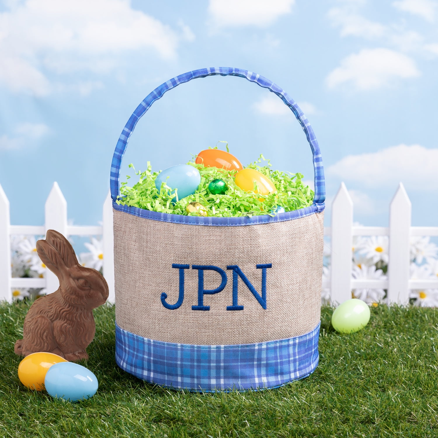 Monogram Blue Plaid Bucket Bag - Easter Basket - Walmart.com