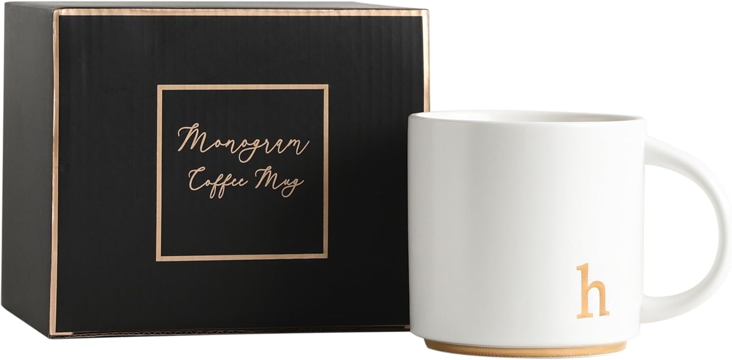 Monogram Ceramic Mugs, 15 oz Golden Initial Coffee Cups, Elegant ...