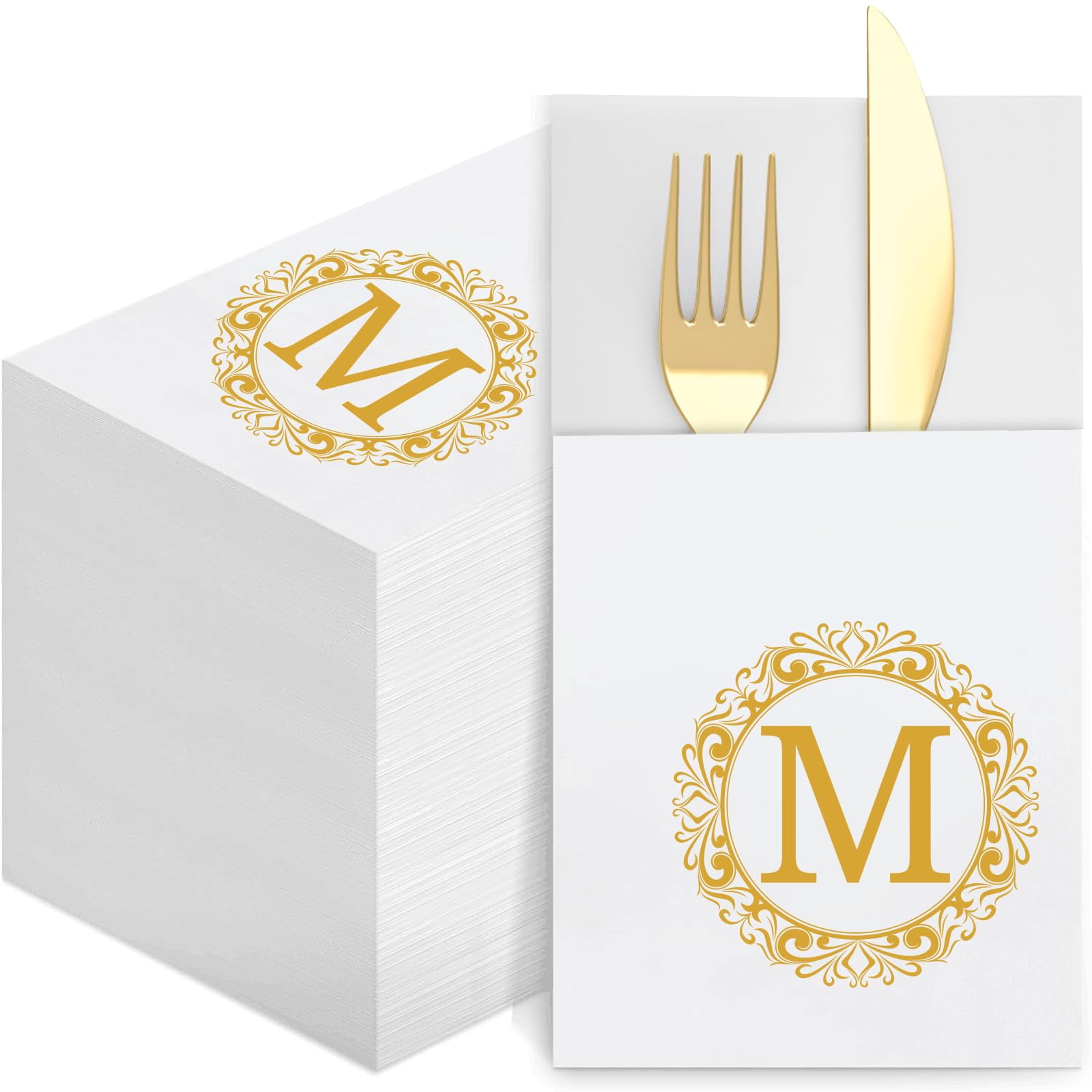 Monogram Disposable Napkins with Pocket, 50 Pack Gold Letter Guest ...