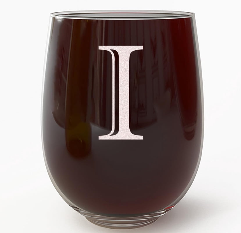Monogram Etched 17oz Stemless Wine Glass (Letter I) A-Z Personalized ...