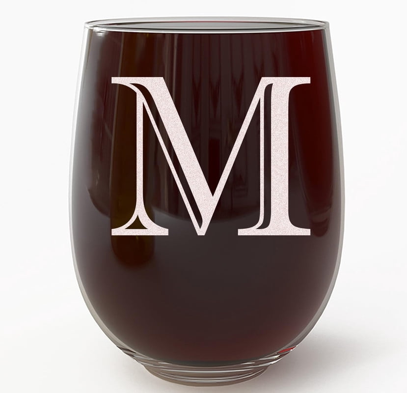 Monogram Etched 17oz Stemless Wine Glass (Letter M) A-Z Personalized ...