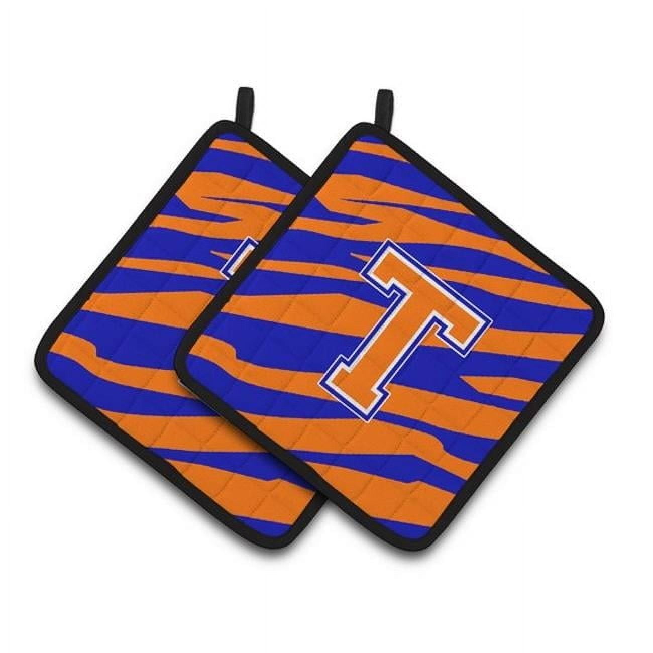 Monogram Initial T Tiger Stripe - Blue Orange Pair of Pot Holders ...