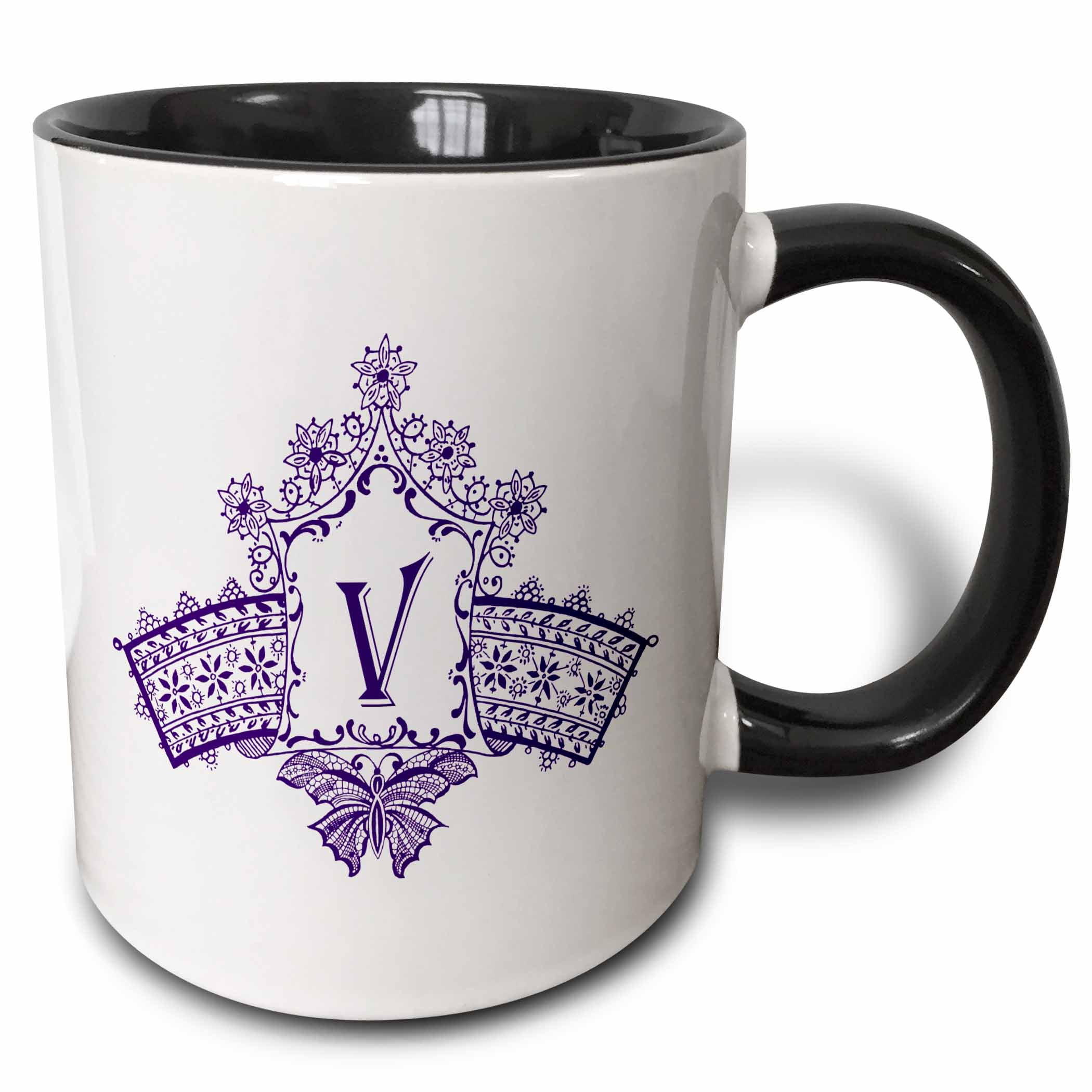 3drose, Monogram Initial V in Purple Diadem with Butterfly Detail, 15oz ...