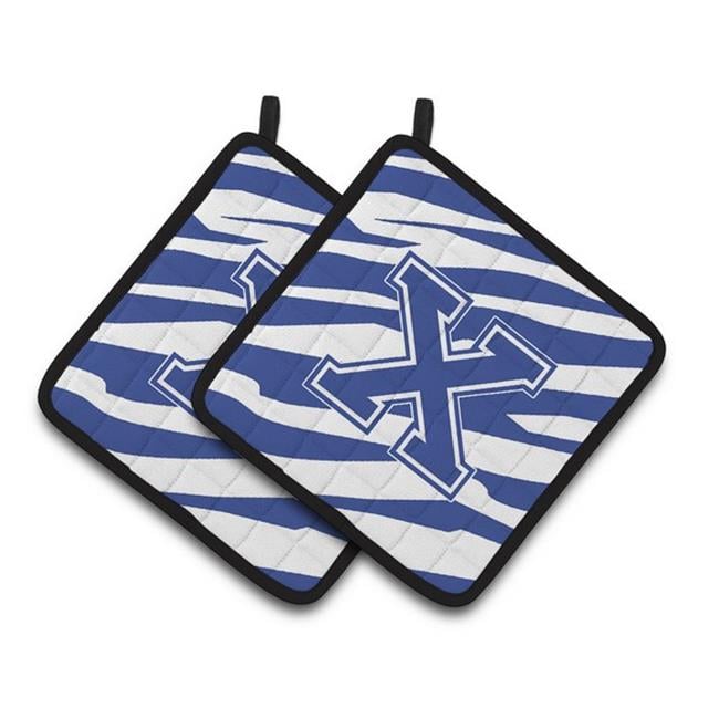 Monogram Initial X Tiger Stripe Blue & White Pair of Pot Holders ...