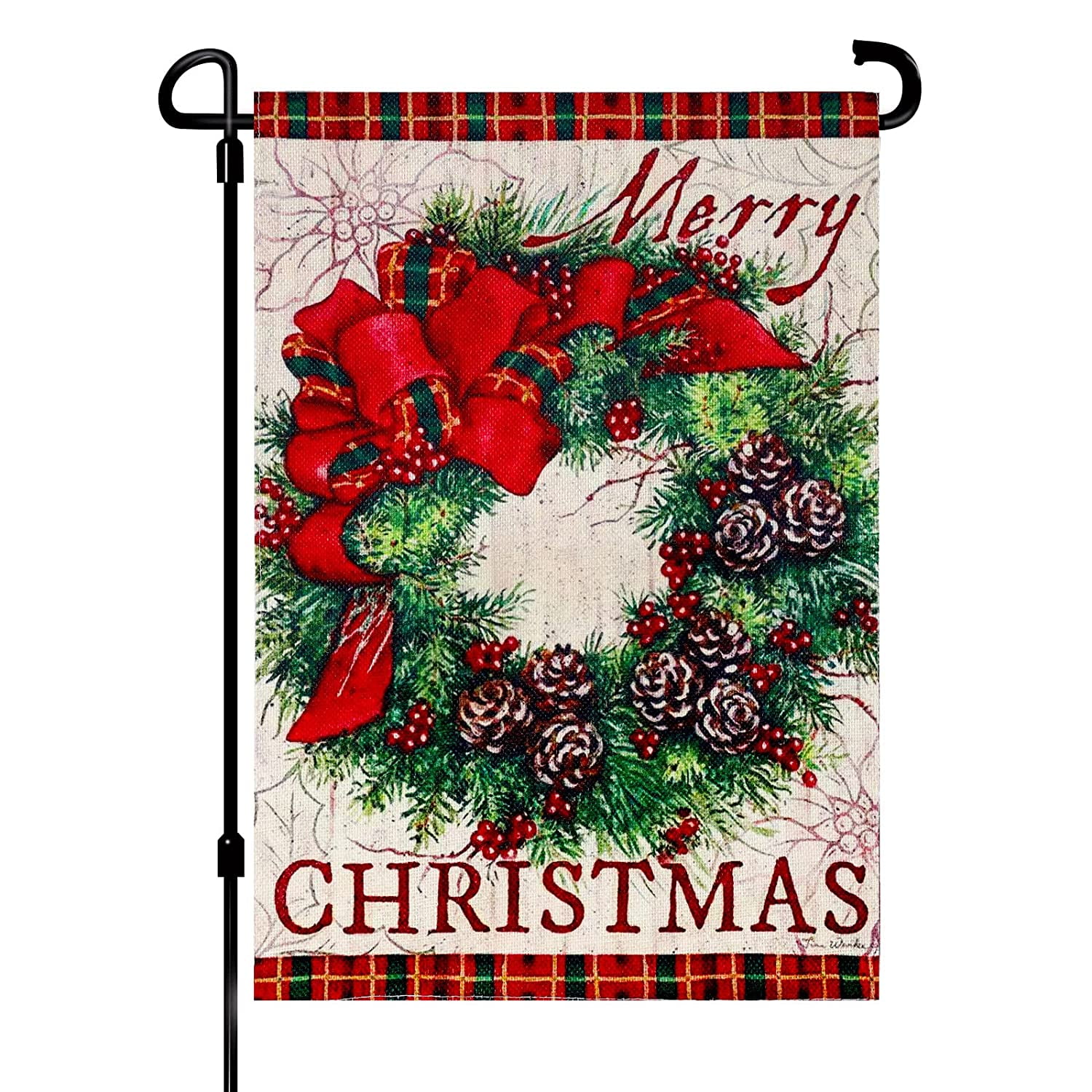 Merry Christmas Garden Garland Flag, Double Sided Plaid Edge Decorative ...