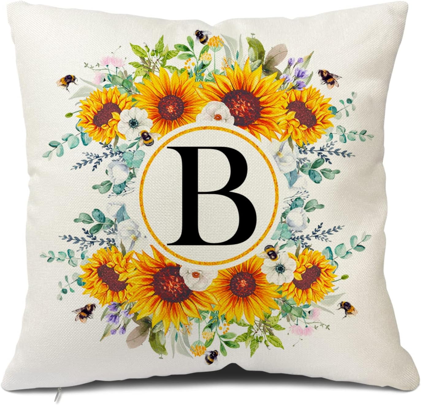 Monogram Letter B Summer Sunflower Throw Pillow Covers 18x18 Inch ...